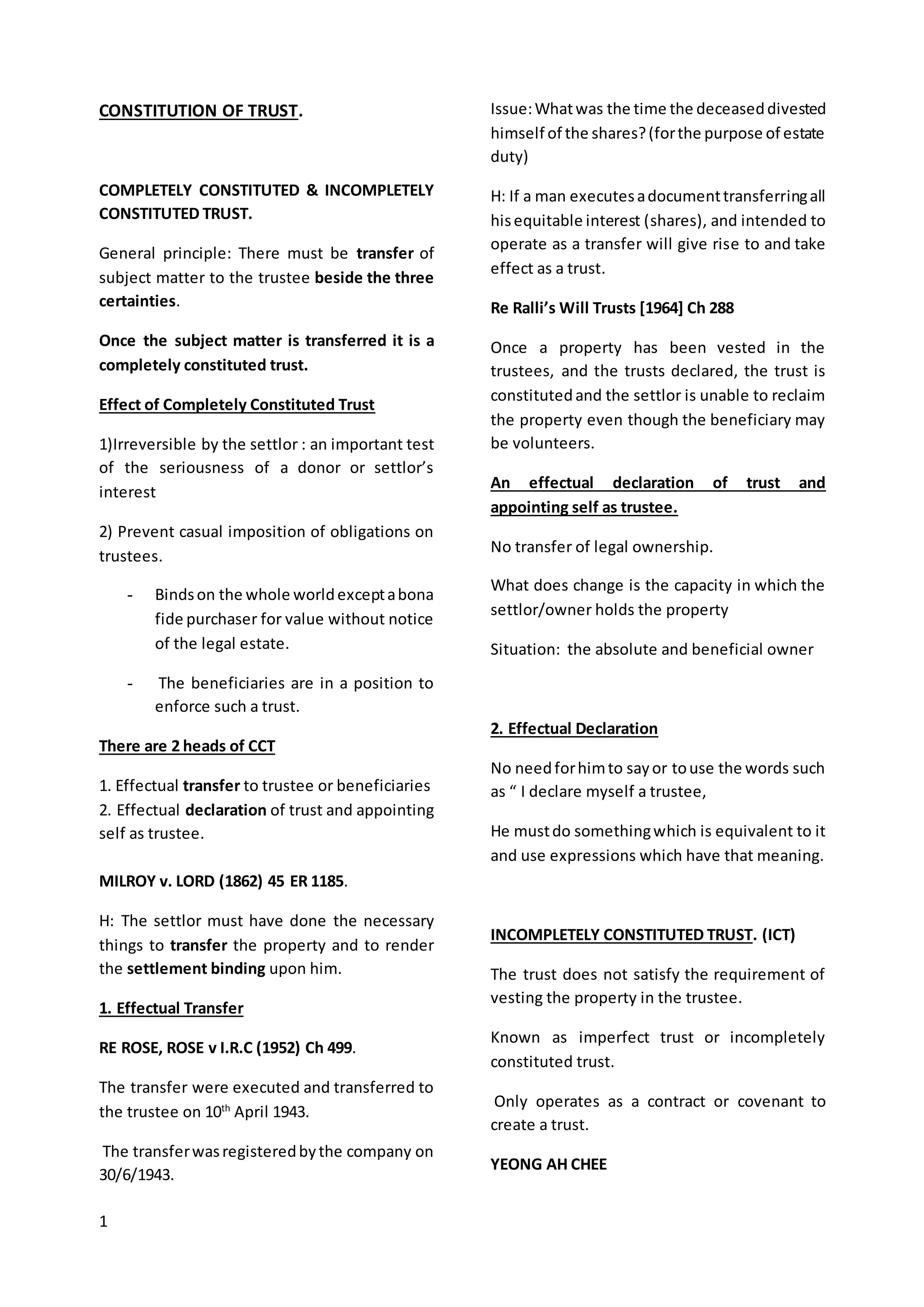 Law of Trust, Constitution of trust (short notes) | DOCX