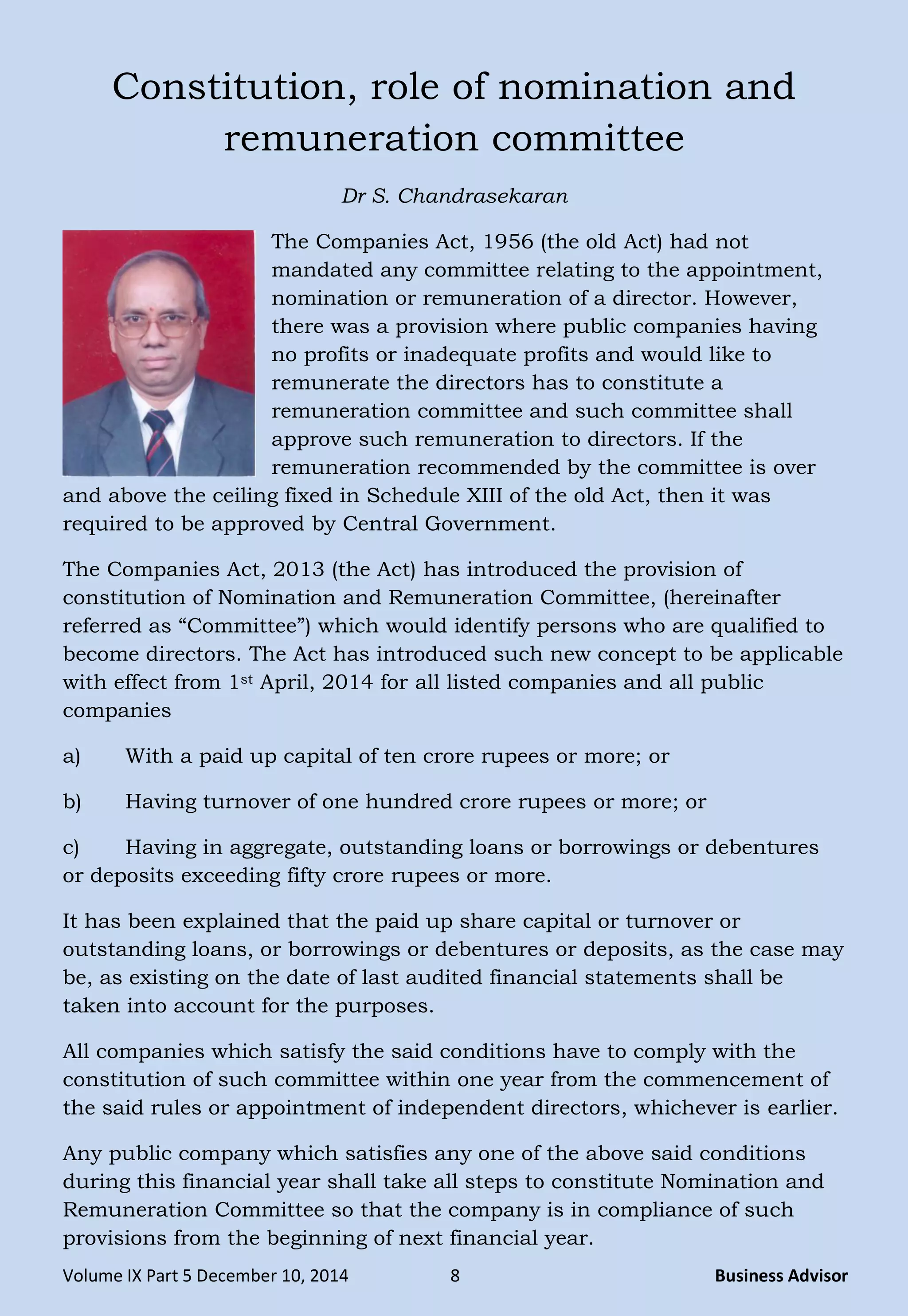 Constitution, role of nomination and remuneration committee - Dr S. Chandrasekaran | PDF