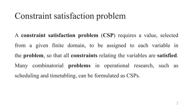 Constraint Satisfaction Problem (CSP) : Cryptarithmetic, Graph Coloring, 4- Queen, Sudoku | PPTX