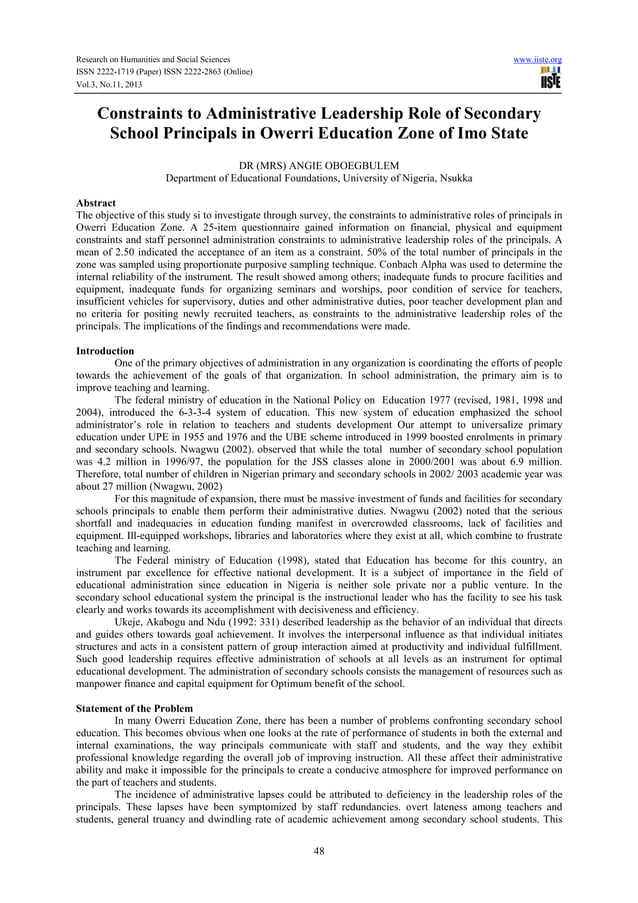 Constraints to administrative leadership role of secondary school principals in owerri education ...