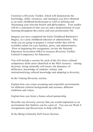 Construct a Diversity Toolkit, which will demonstrate the knowledge,.docx