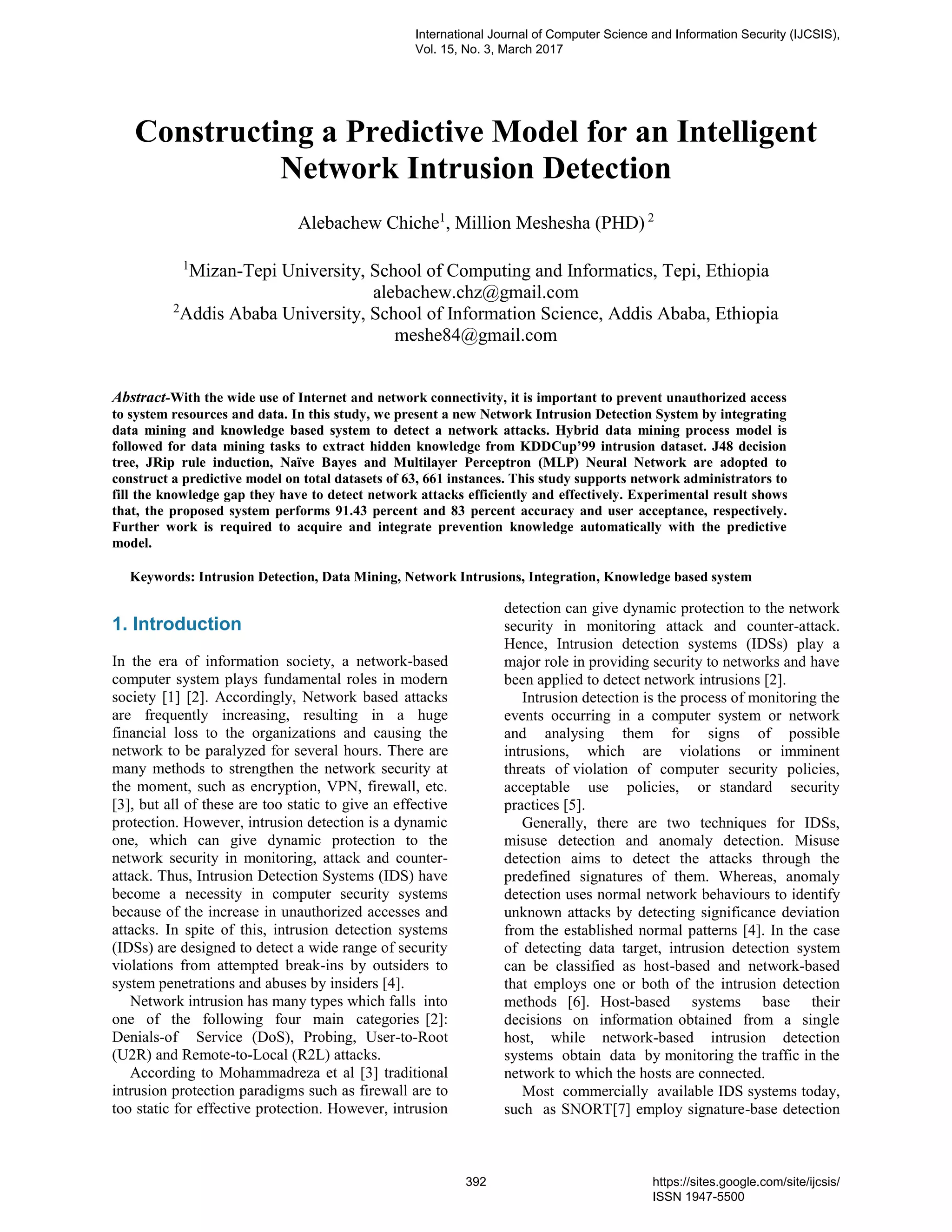Constructing A Predictive Model For An Intelligent Network Intrusion Detection Pdf Internet