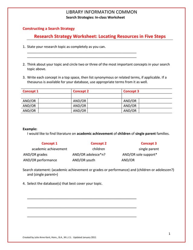 Search Strategies: Worksheet (In-Class) | PDF