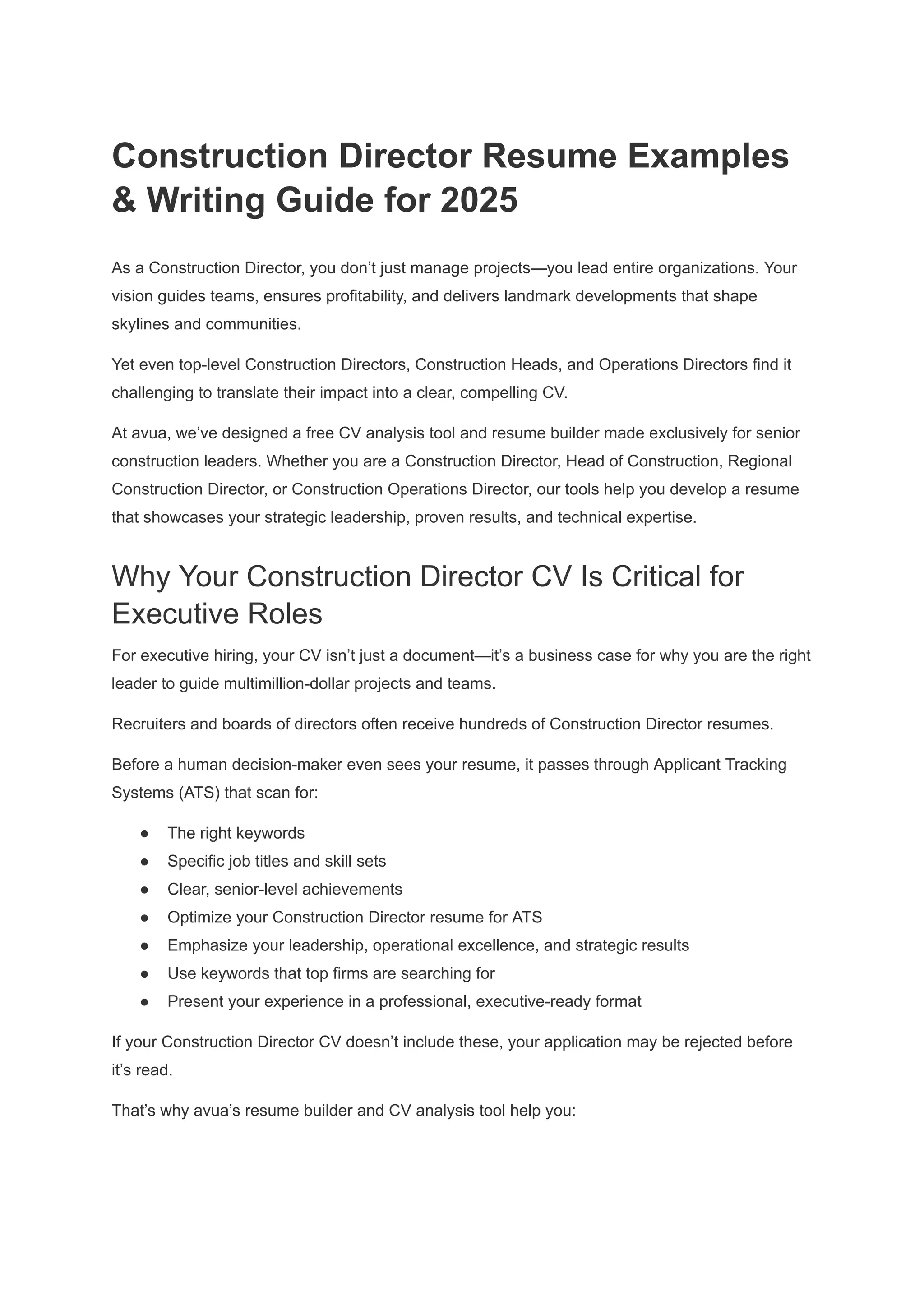 Construction Director Resume Examples & Writing Guide for 2025 | PDF