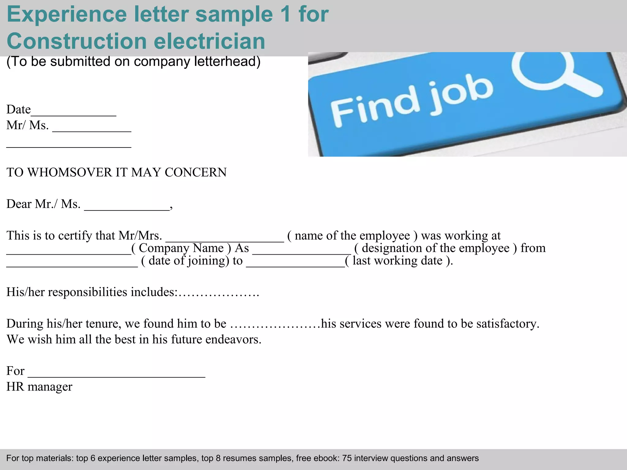 Construction electrician experience letter | PPT