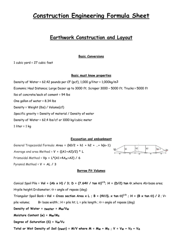 Construction engineering formula sheet | PDF