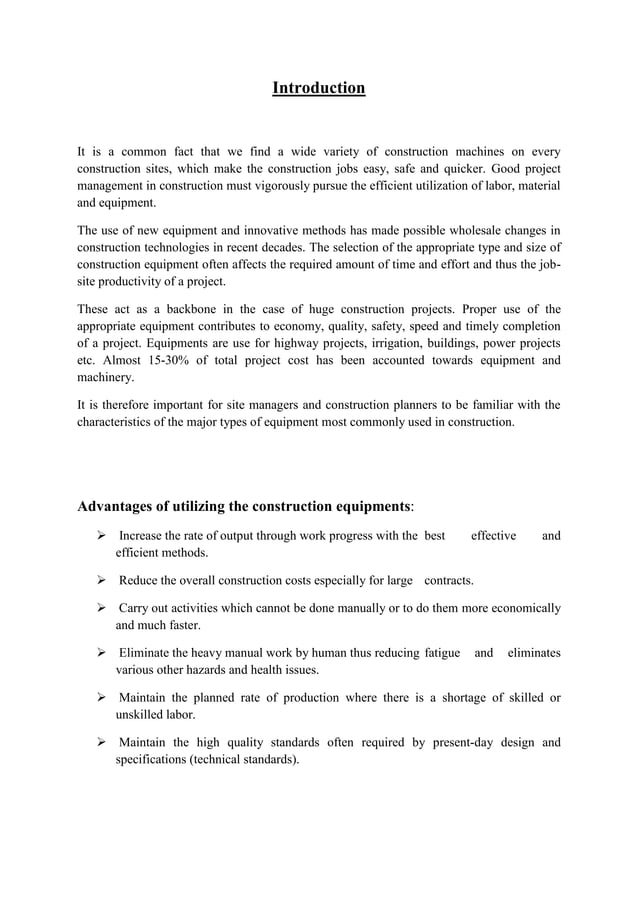 Construction equipments - Introduction and Classification | DOCX