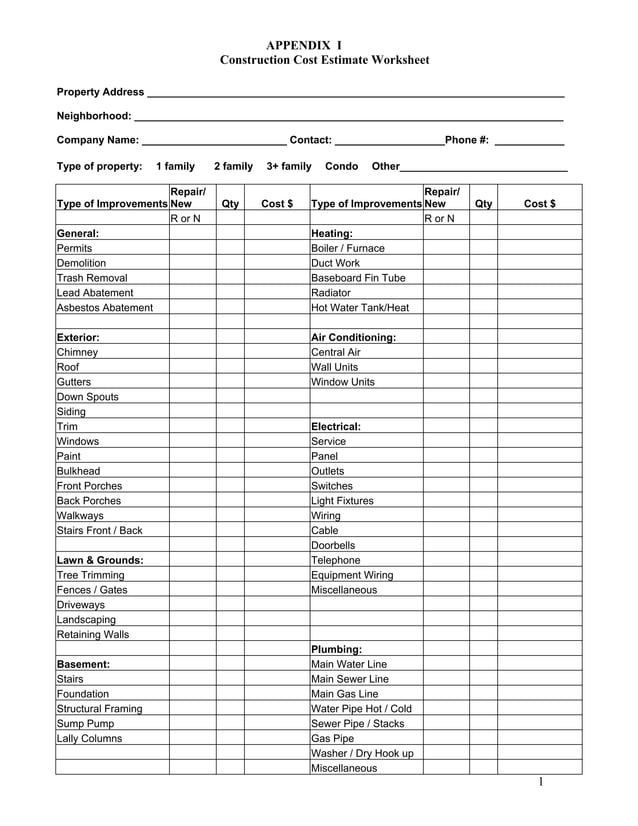 Construction Estimate worksheet | PDF