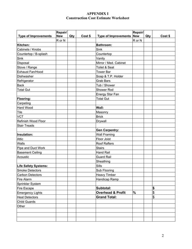 Construction Estimate worksheet | PDF