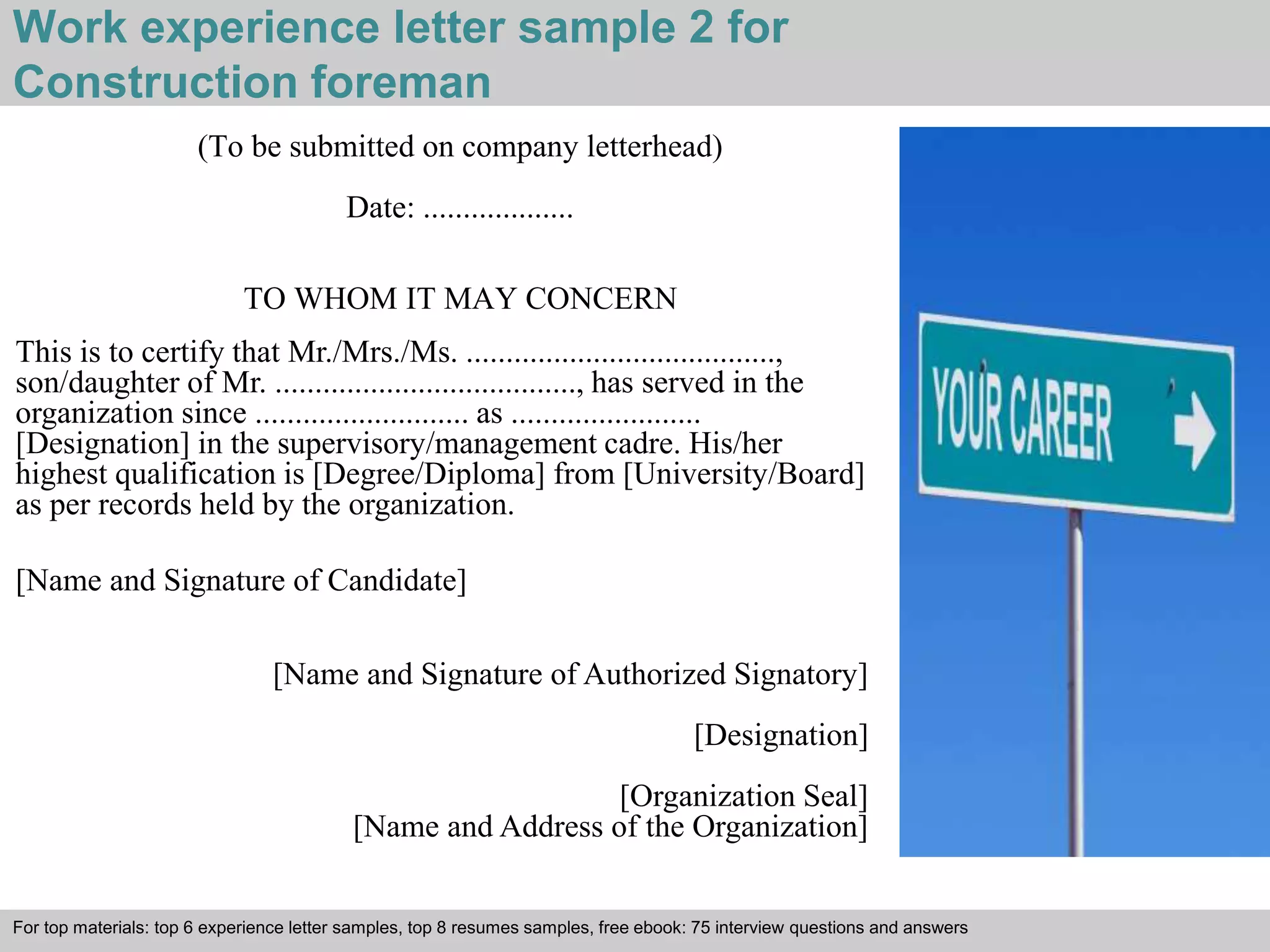 Construction foreman experience letter | PPT