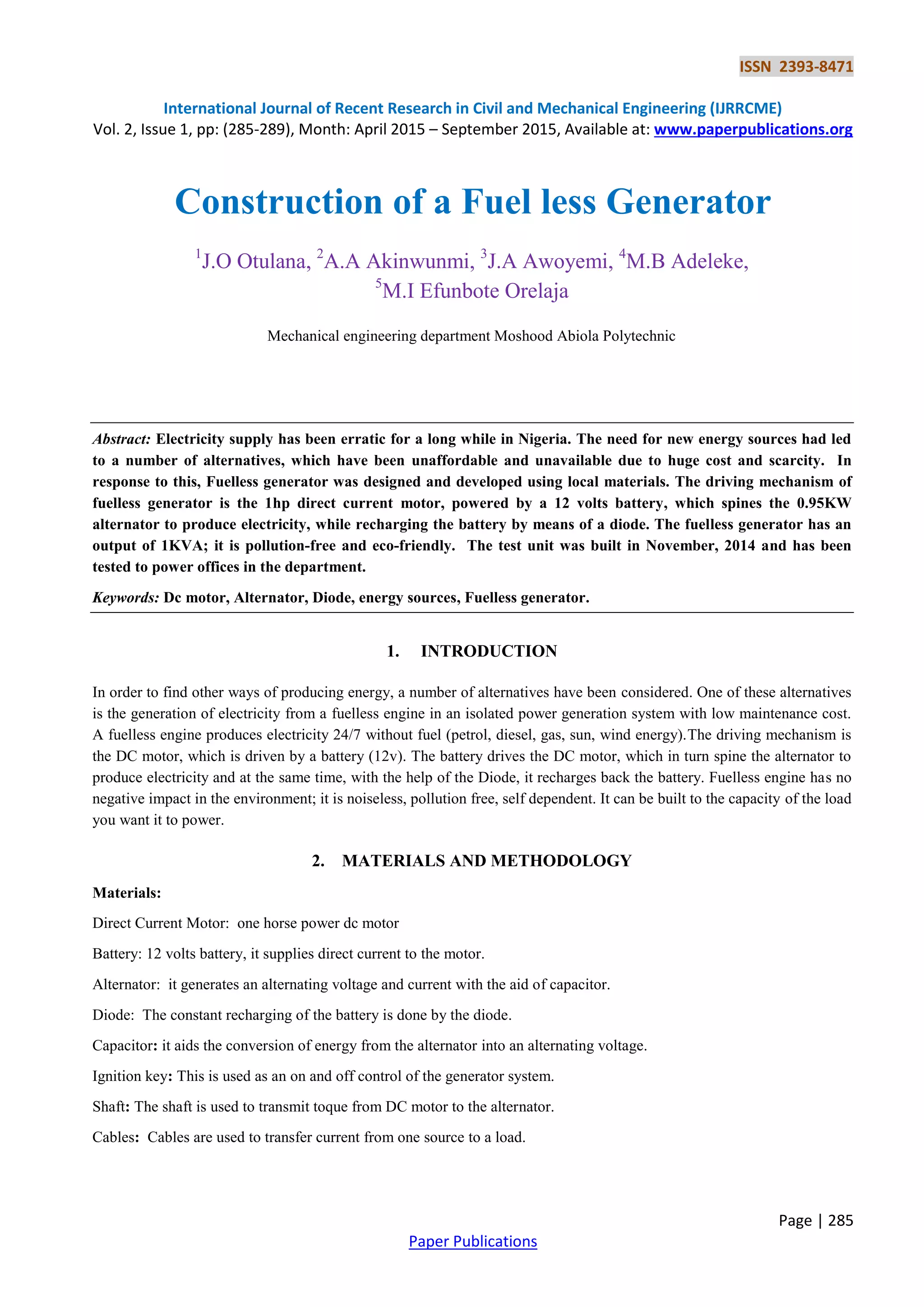 Construction of a Fuel less Generator | PDF