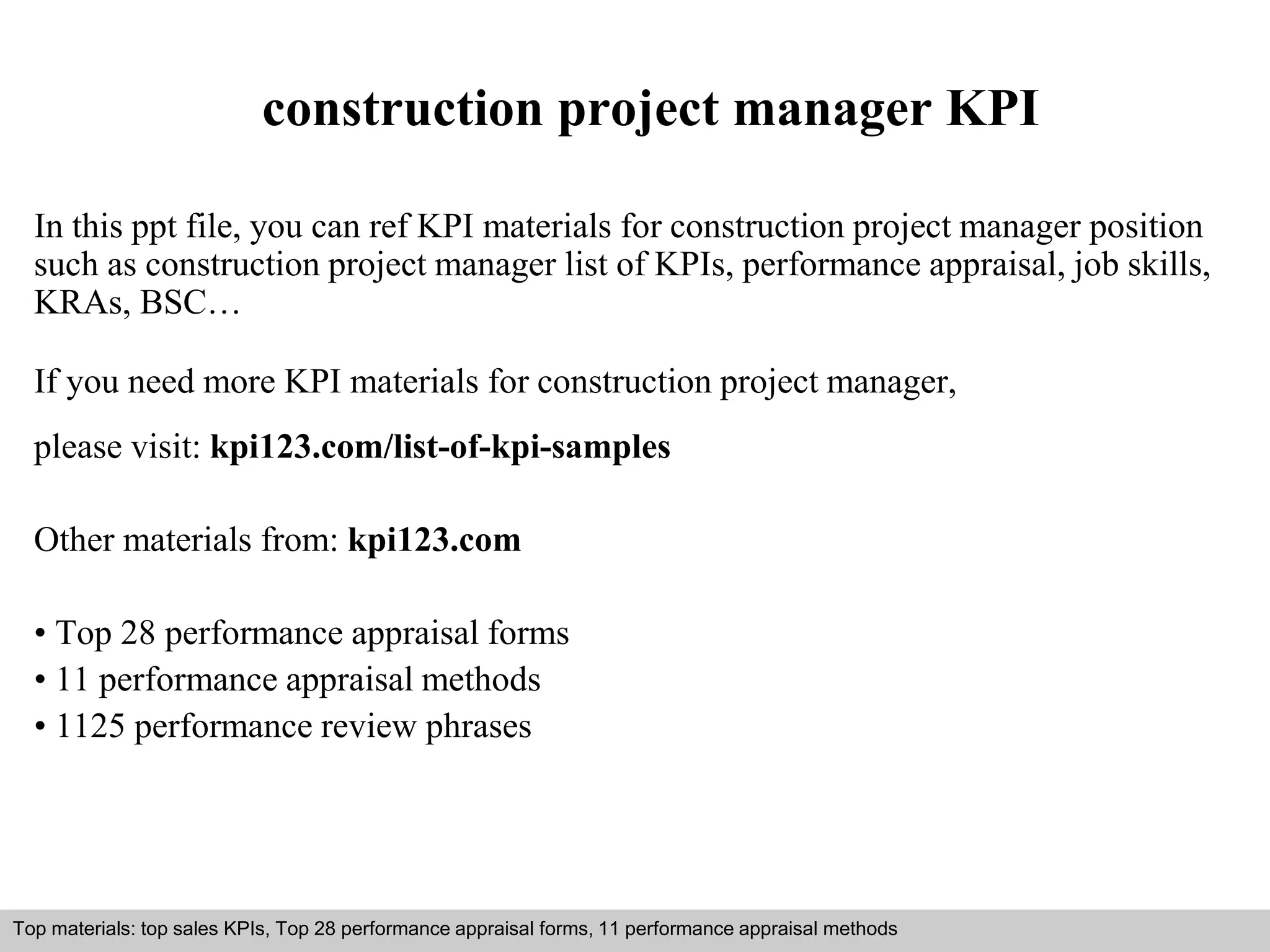 Construction project manager kpi | PPT