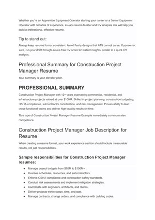 Construction Project Manager Resume Examples & Writing Guide for 2025 | PDF