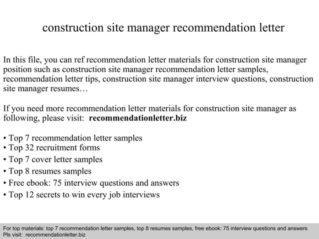 Construction site manager recommendation letter | PPT