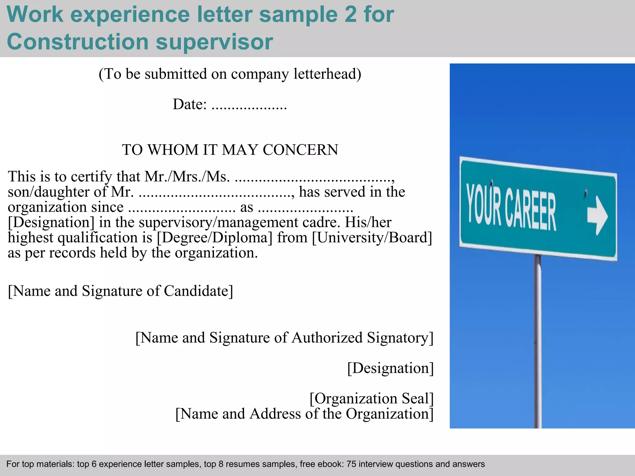 Construction supervisor experience letter | PPT