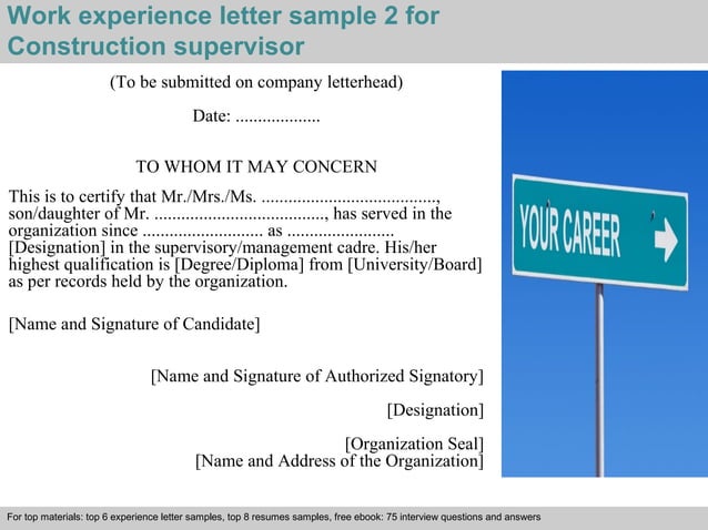 Construction supervisor experience letter | PPT | Resume Writing and ...
