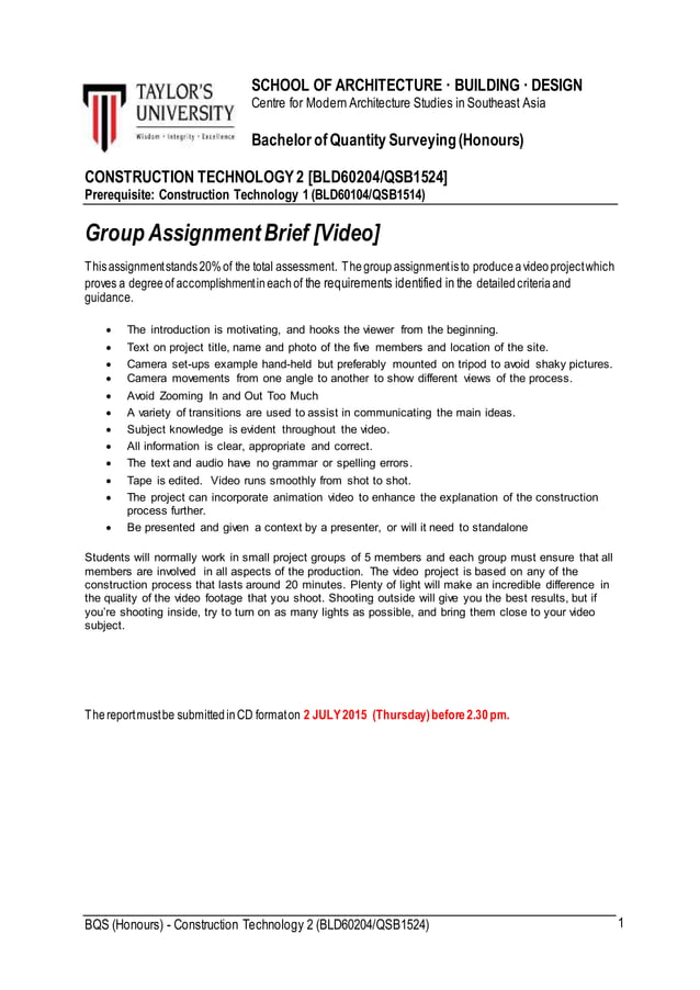 Construction technology 2 assignment brief | DOCX | Video Production | Content Production