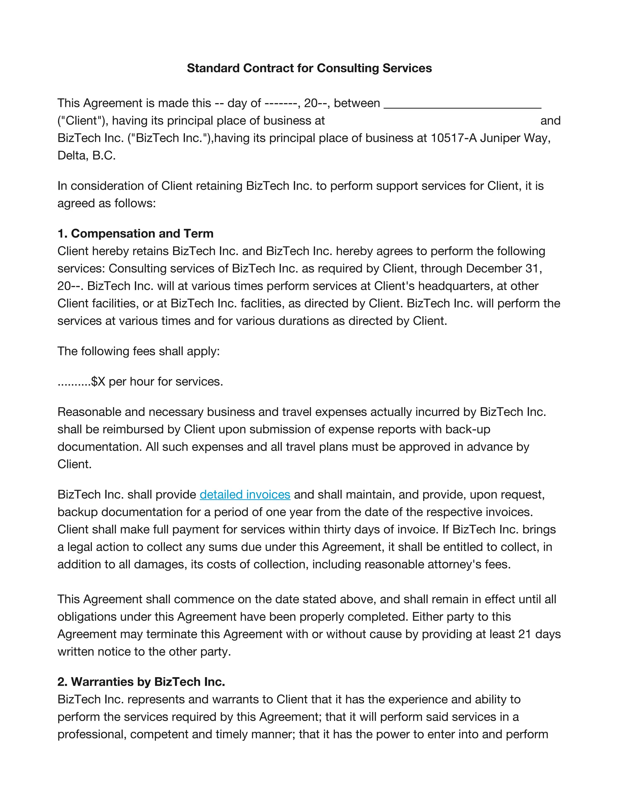 Basic Consultants Agreement Template | ODT