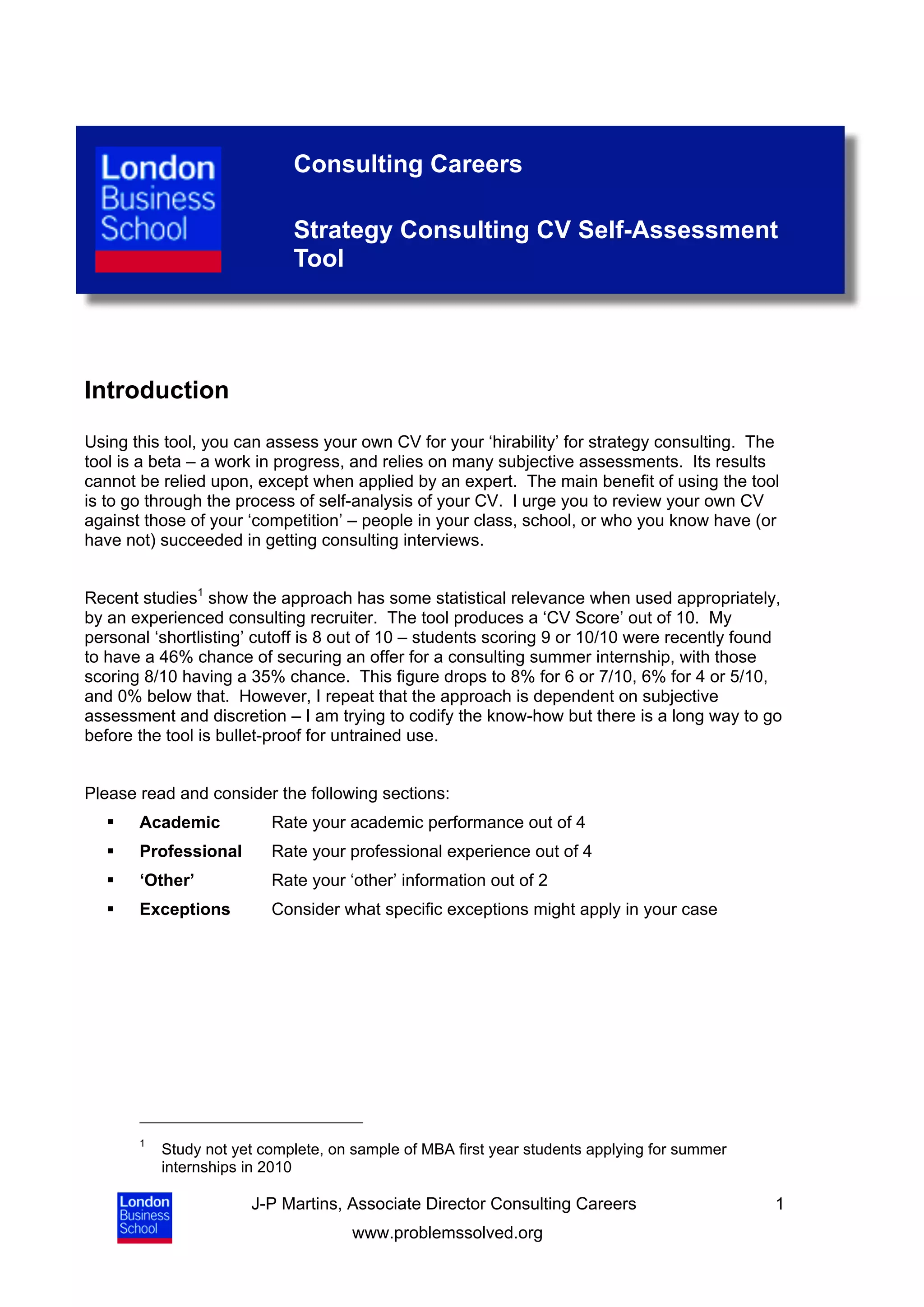 Consulting CV Scoring Self Assessment Guide 26 02 10 | PDF