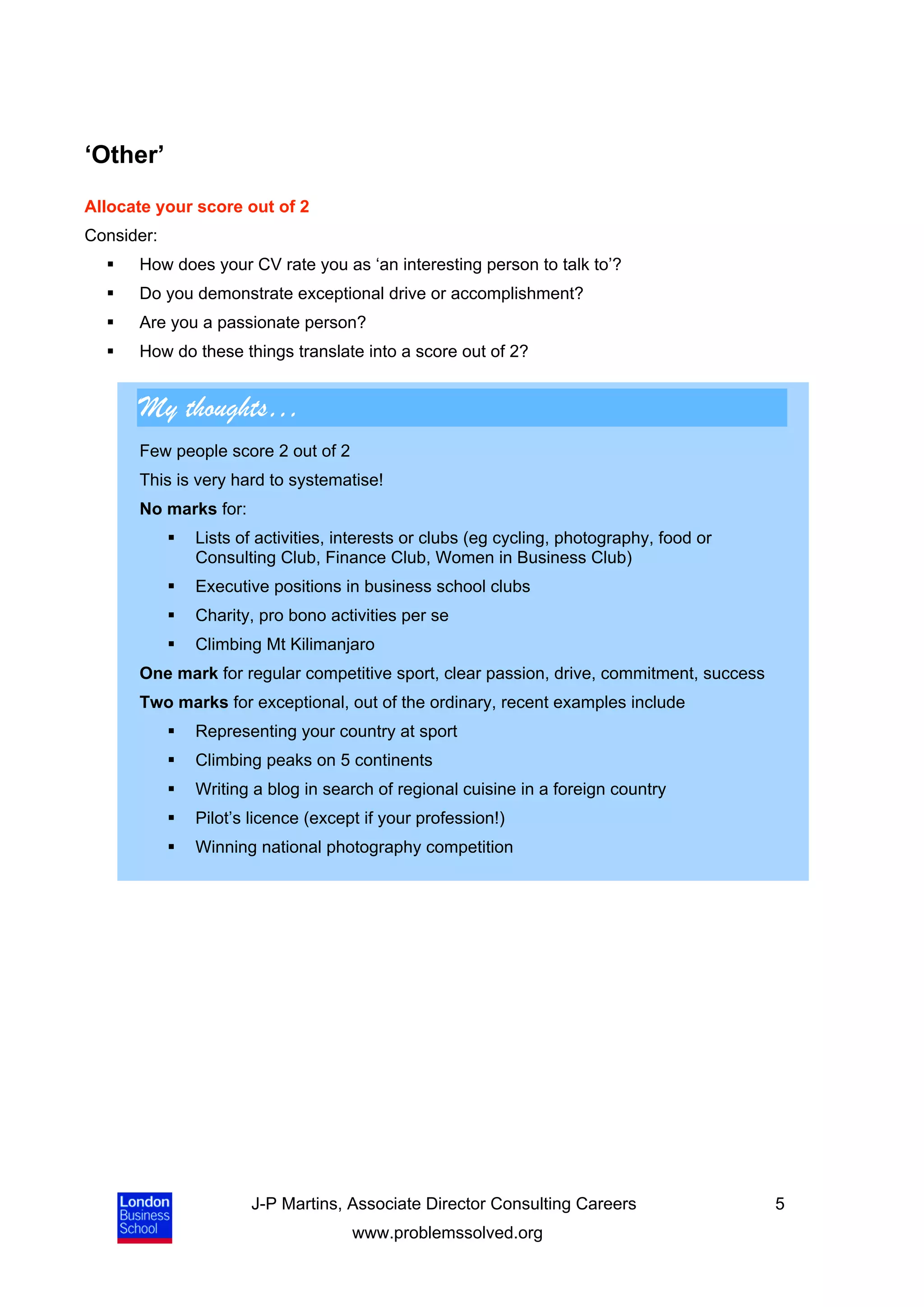 Consulting CV Scoring Self Assessment Guide 26 02 10 | PDF