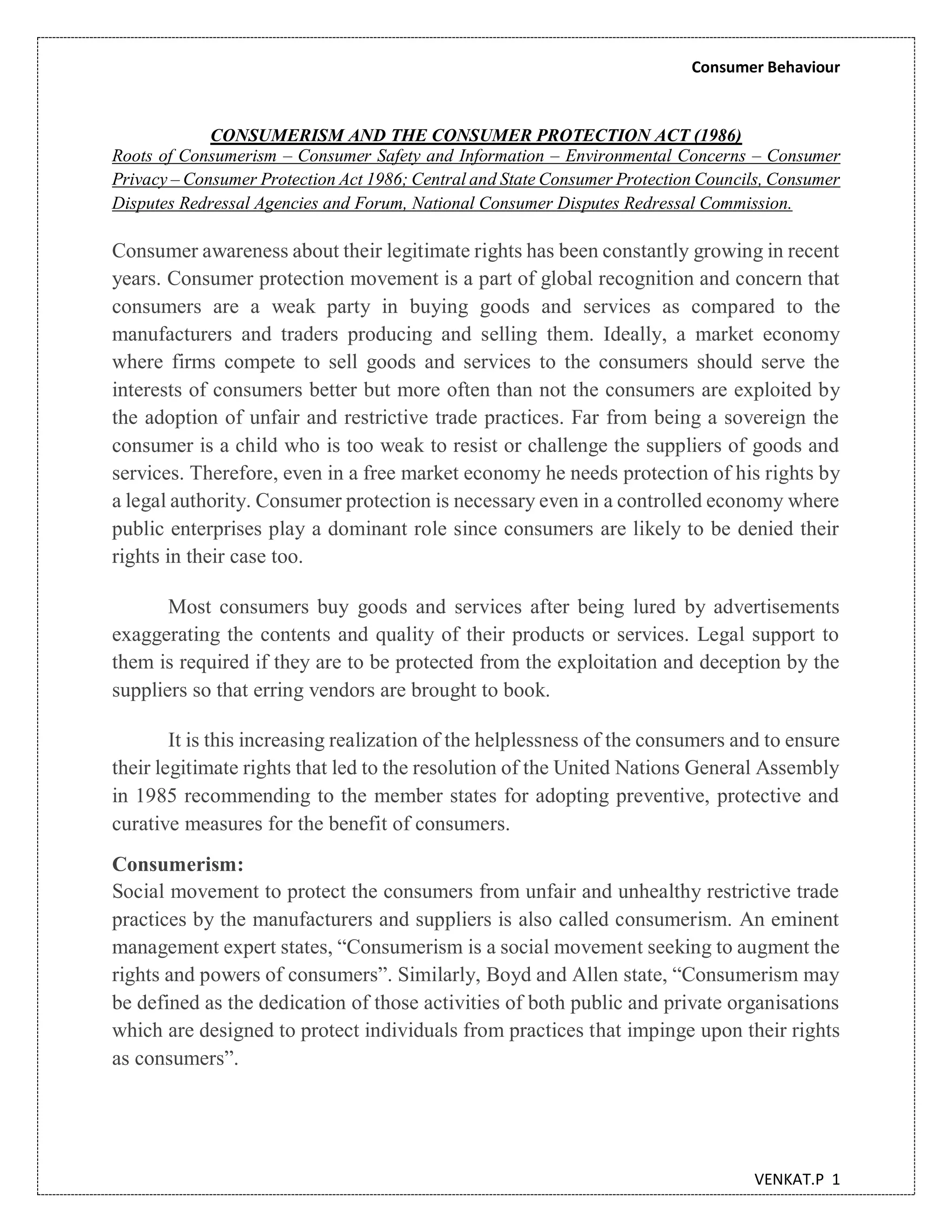 Consumerism,Consumer Rights & Consumer Protection Act 1986 | PDF