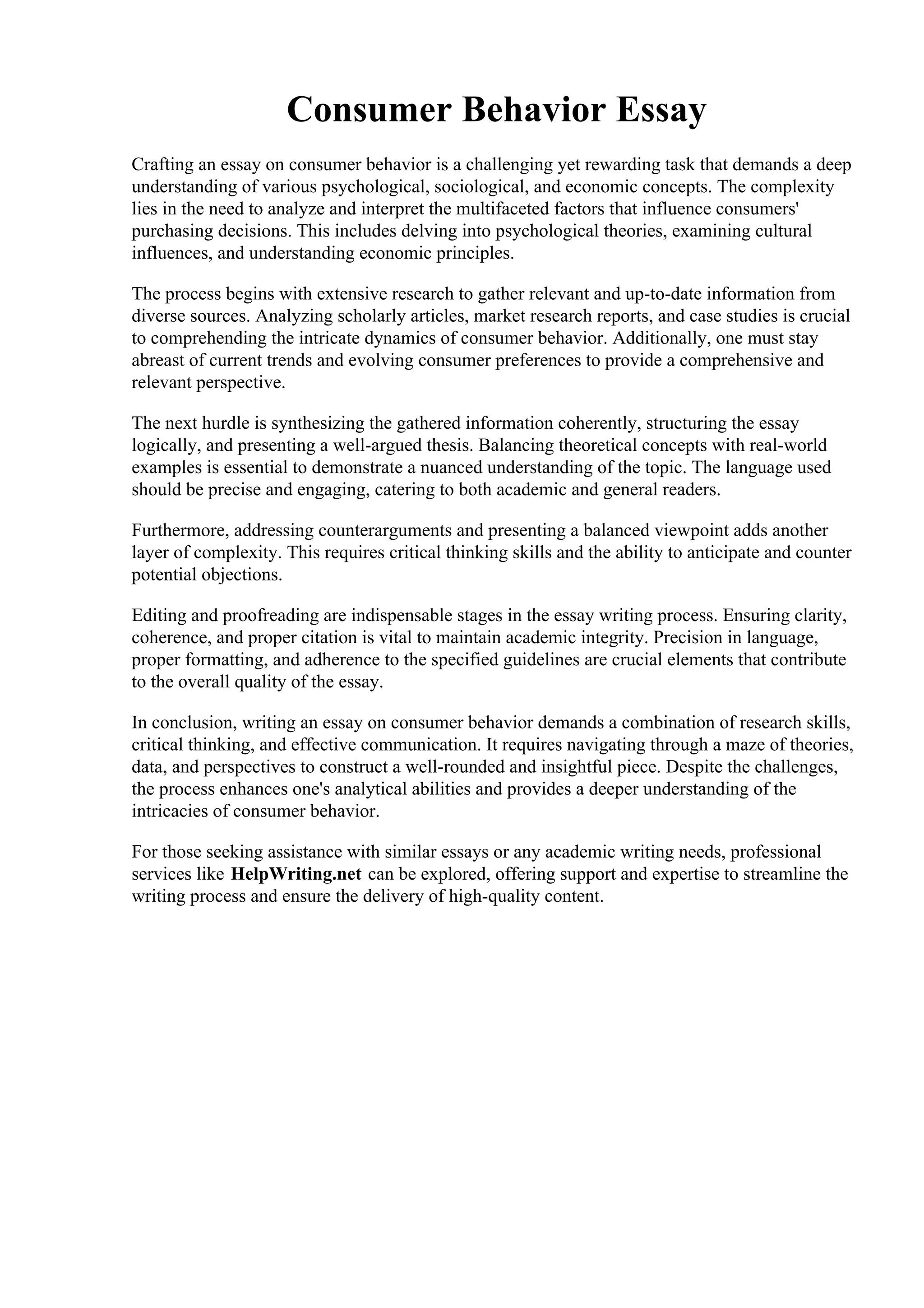 Consumer Behavior Essay. Consumer Behavior. The role of Consumer ...