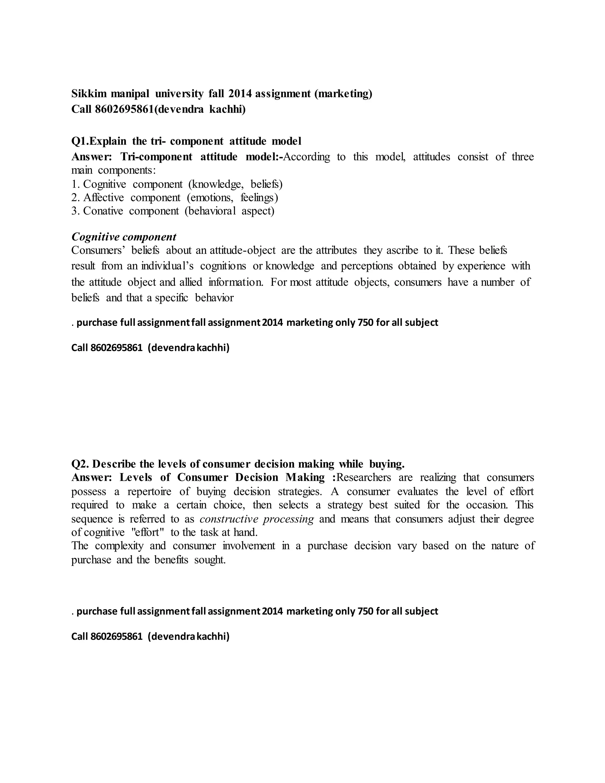 Consumer behavior (sikkim manipal university fall assignment 2014) | DOCX