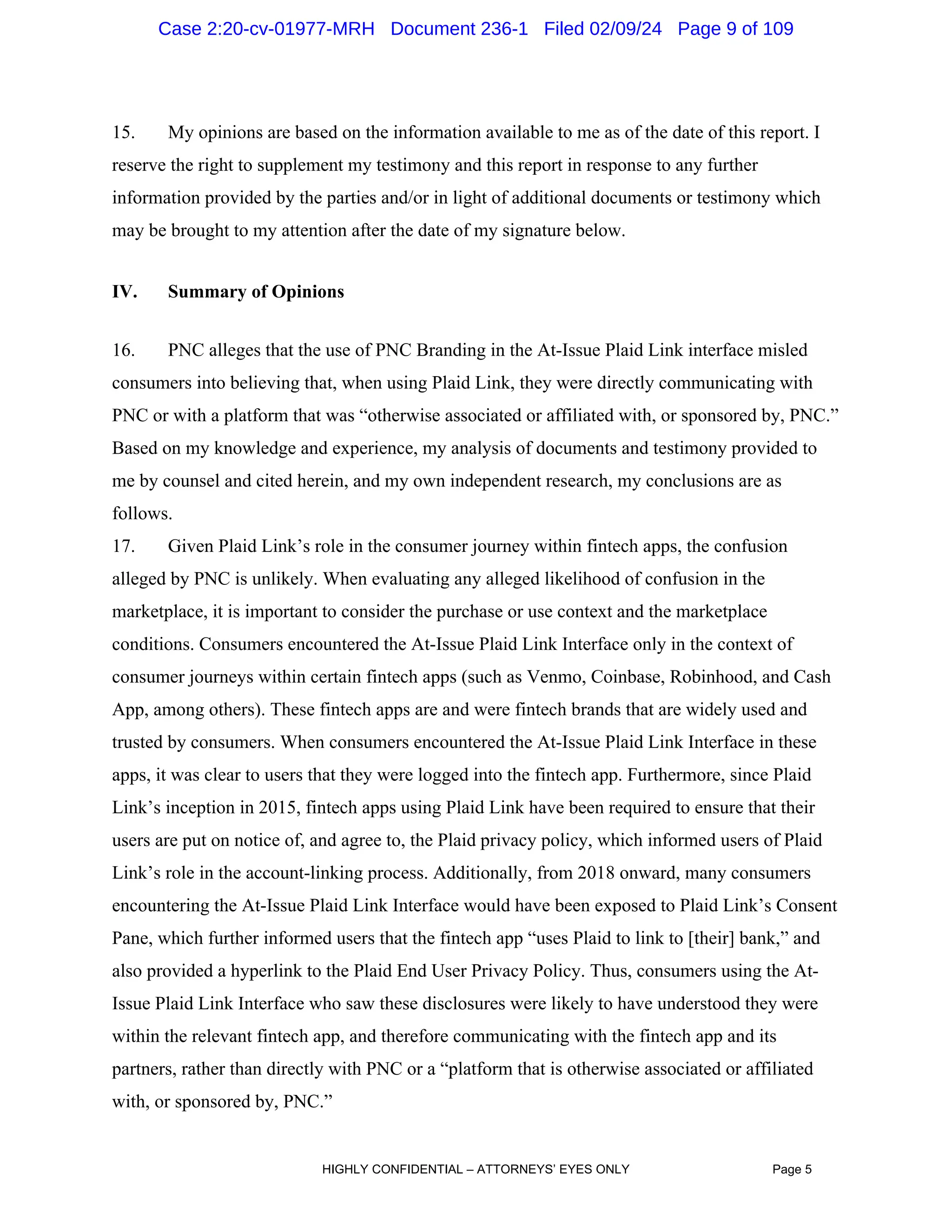 Consumer Journey Expert Opinion in PNC v. Plaid | PDF