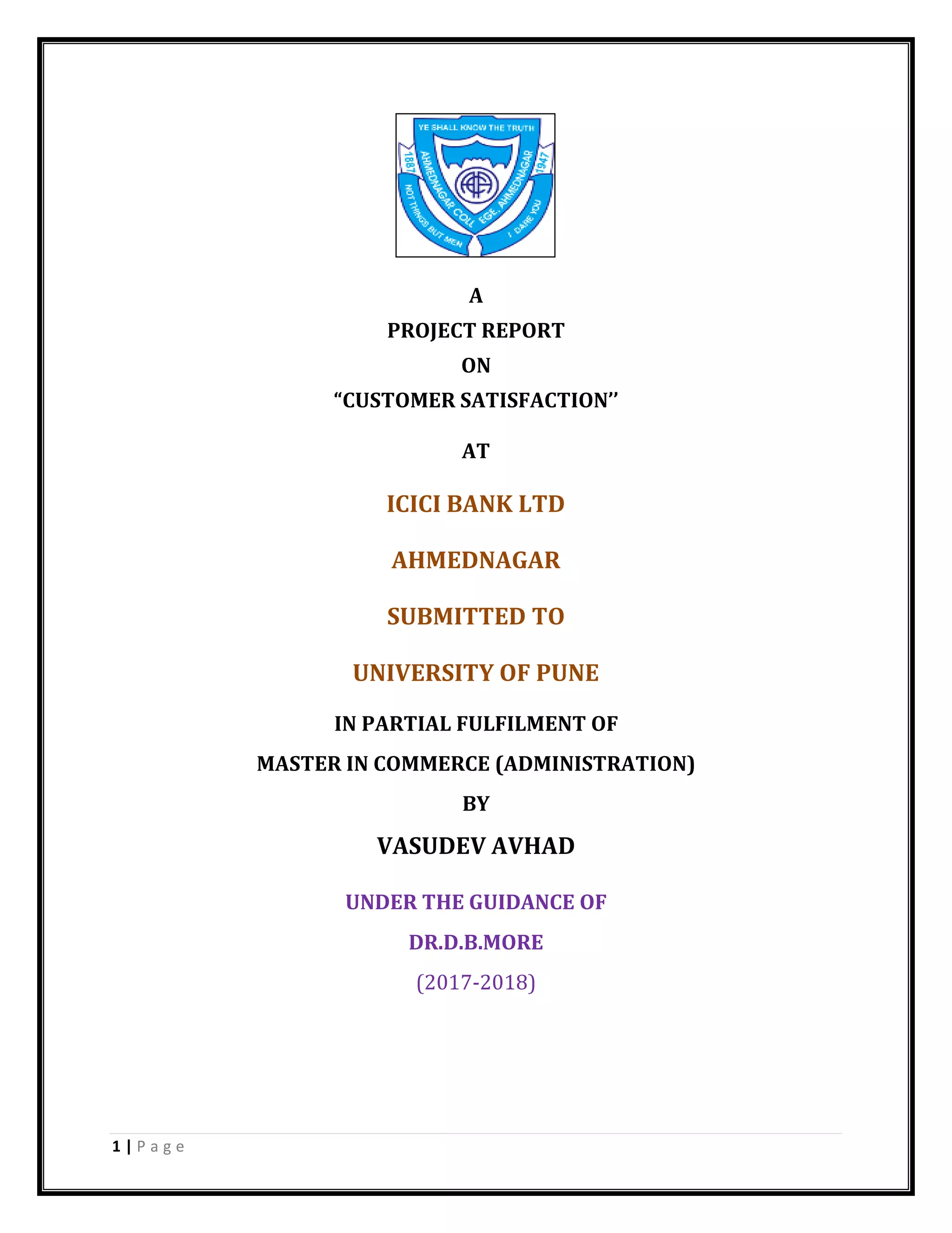 CUSTOMER Satisfaction ICICI Bank Project BY Vasudev | PDF