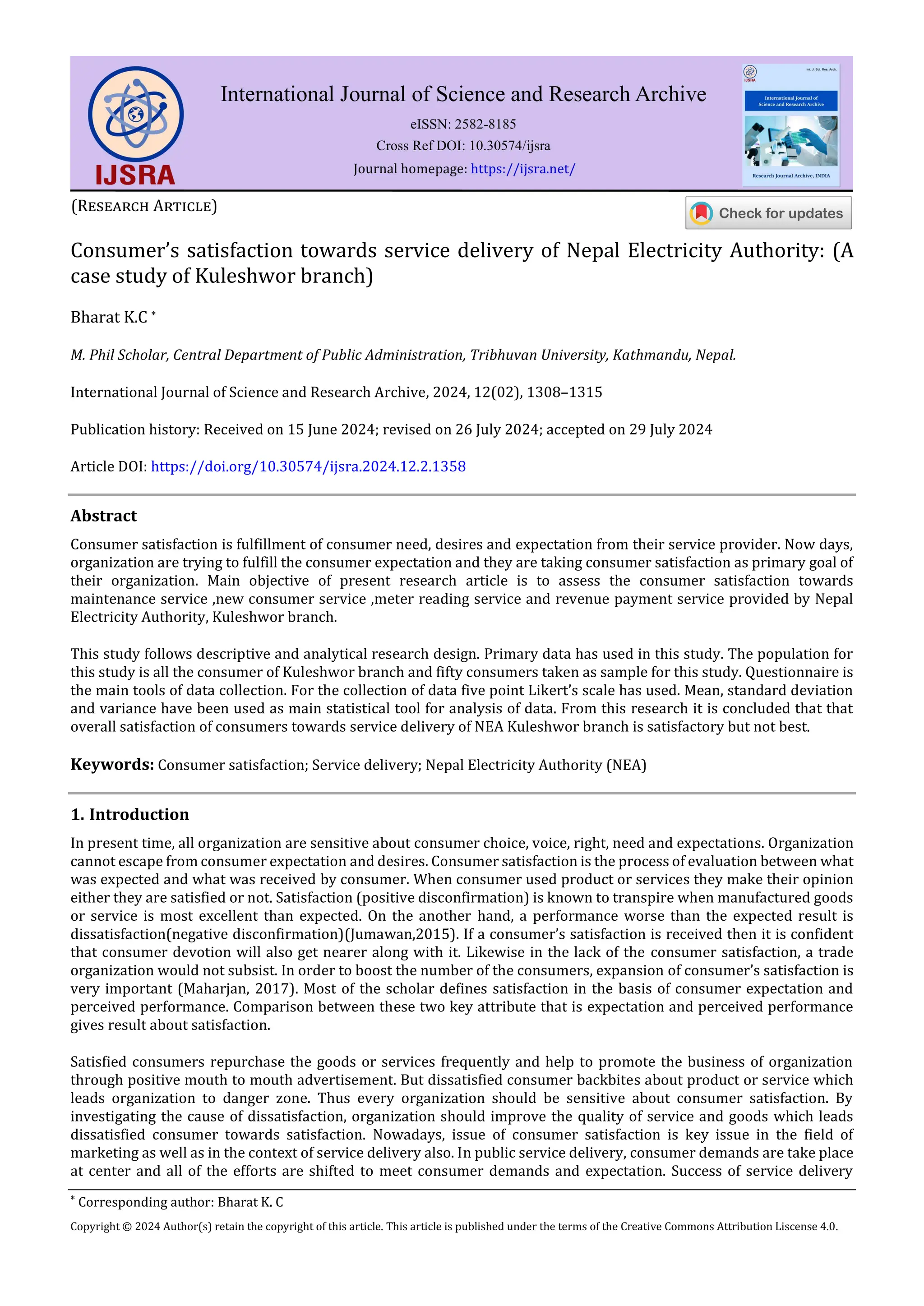 Consumer Satisfaction Towards Service Delivery Of Nepal Electricity ...