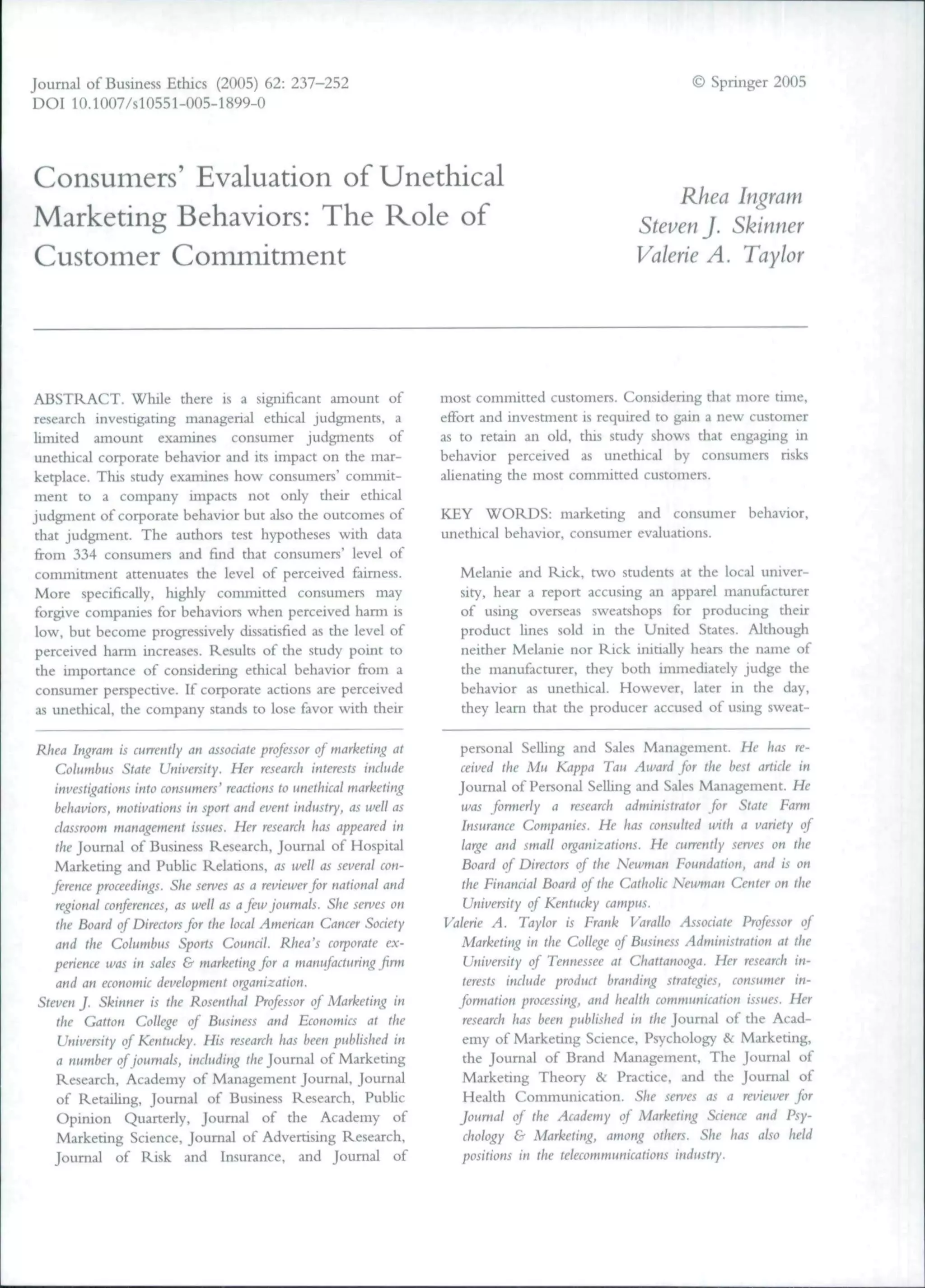 Consumers evaluation of unethical marketing behaviors | PDF