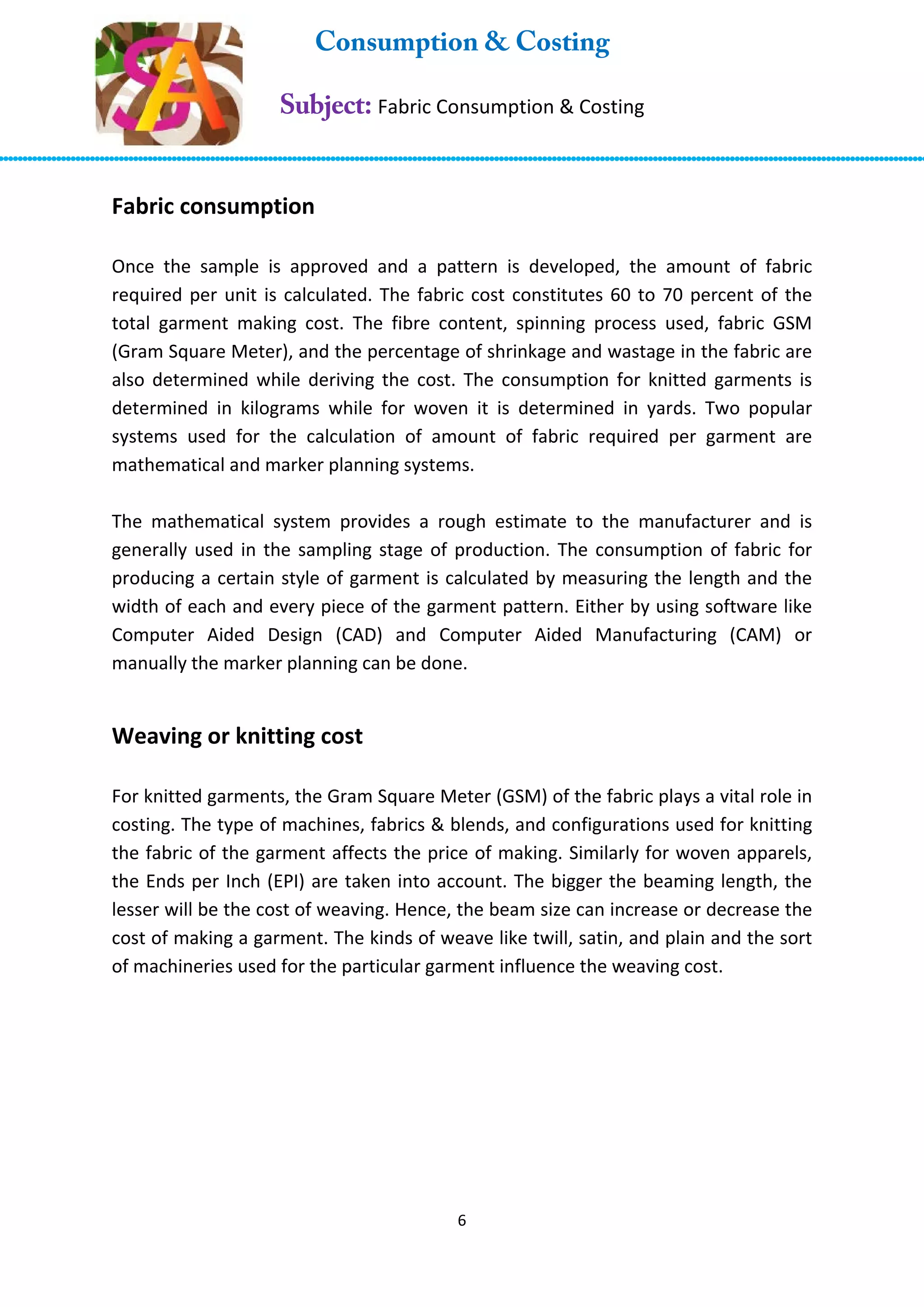 Consumption & costing of Apparels | PDF