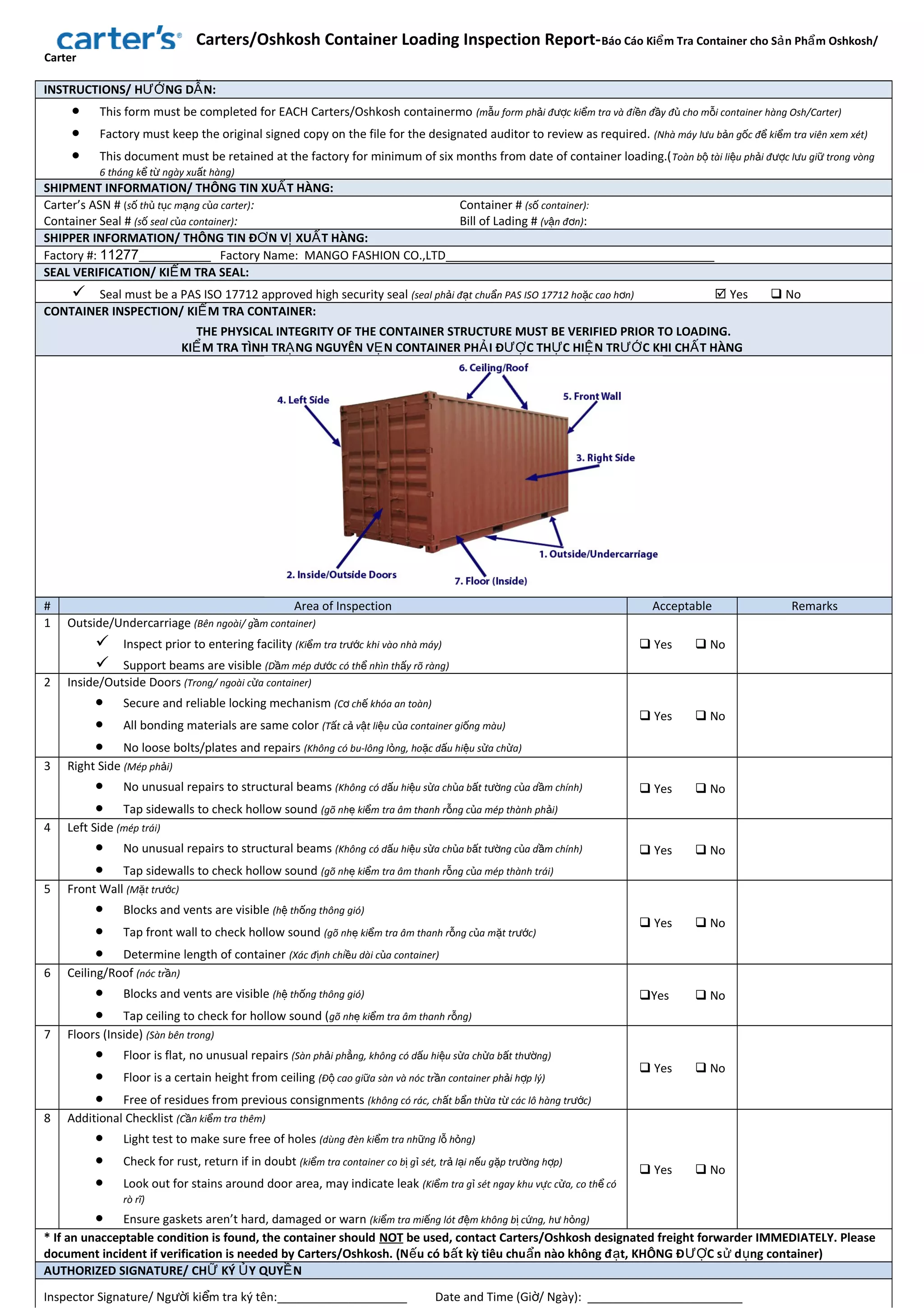 Carter's Container Inspection | DOC