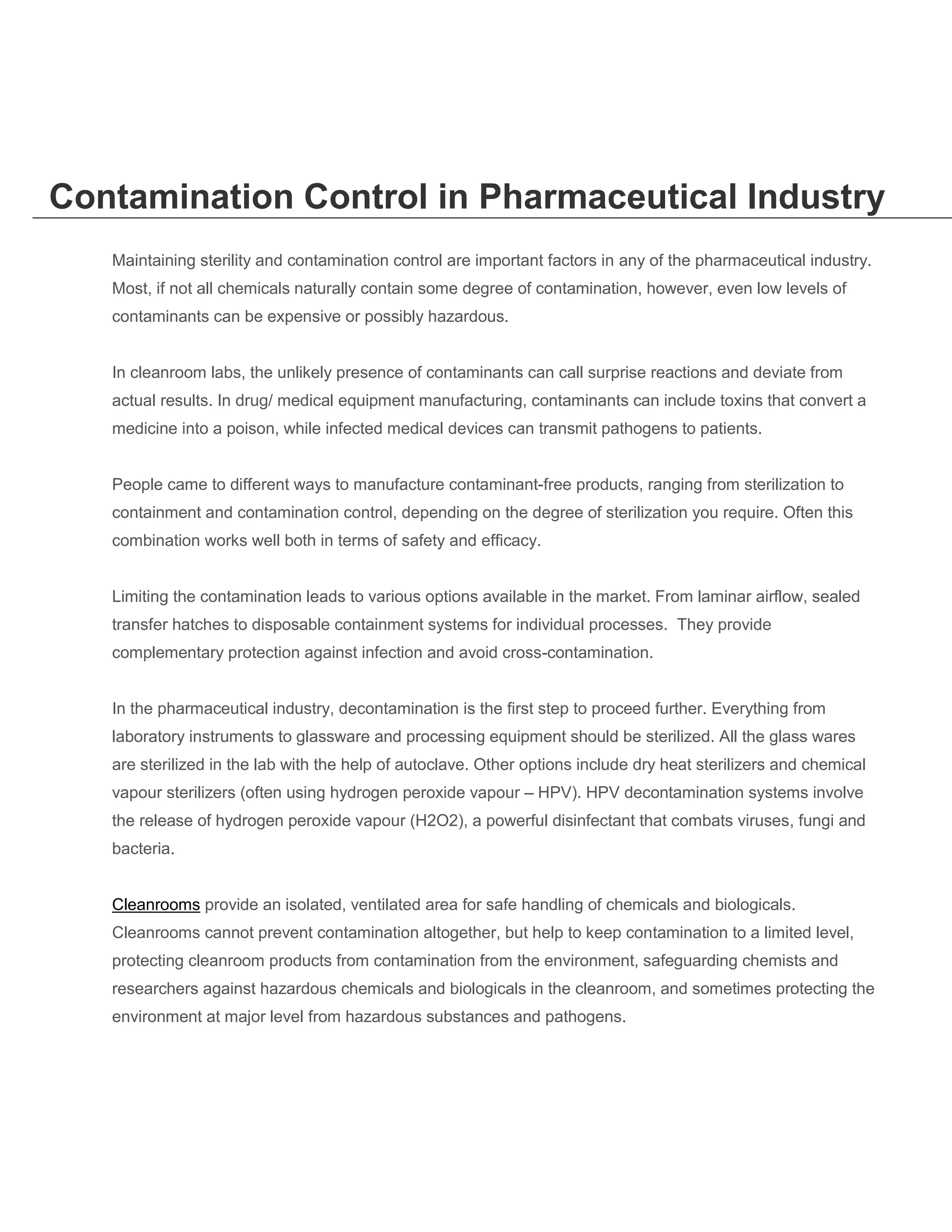 Contamination control in pharmaceutical industry | PDF