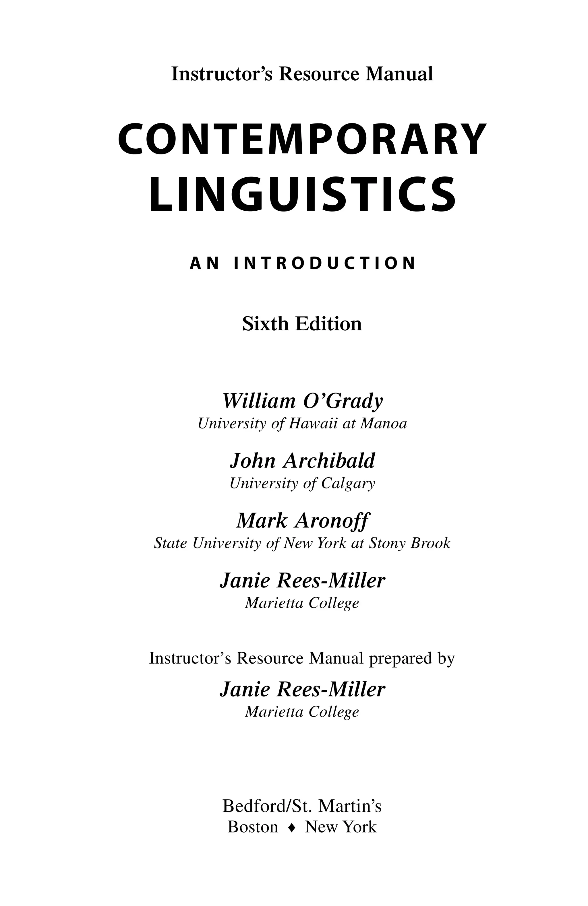 Contemporary Linguistics 6th Edition OGrady Solutions Manual | PDF