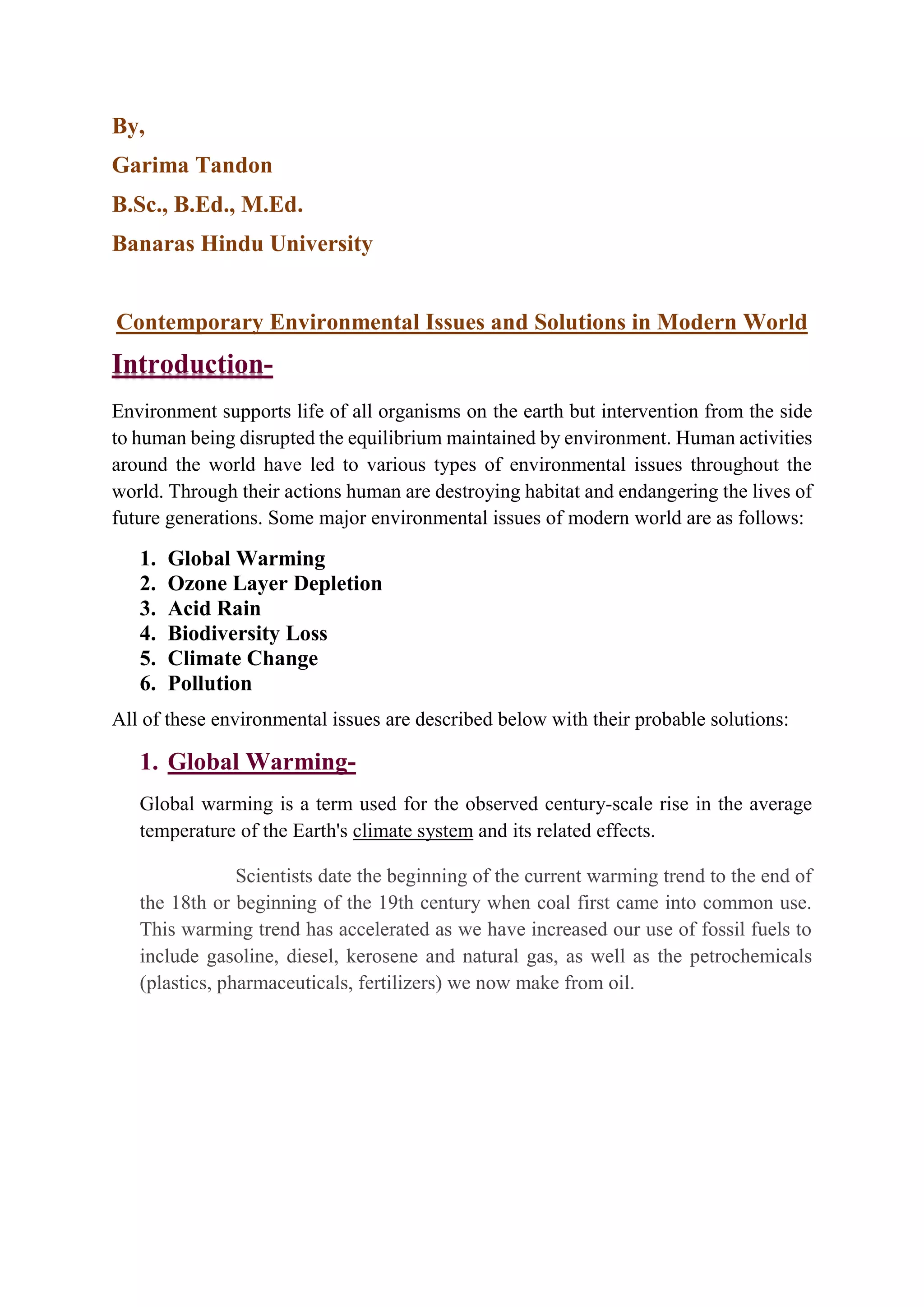 Contemporary environmental issues and solutions in modern world by ...