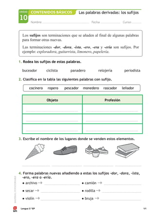 Contenidos basicos palabtras derivadas con sufijos | PDF
