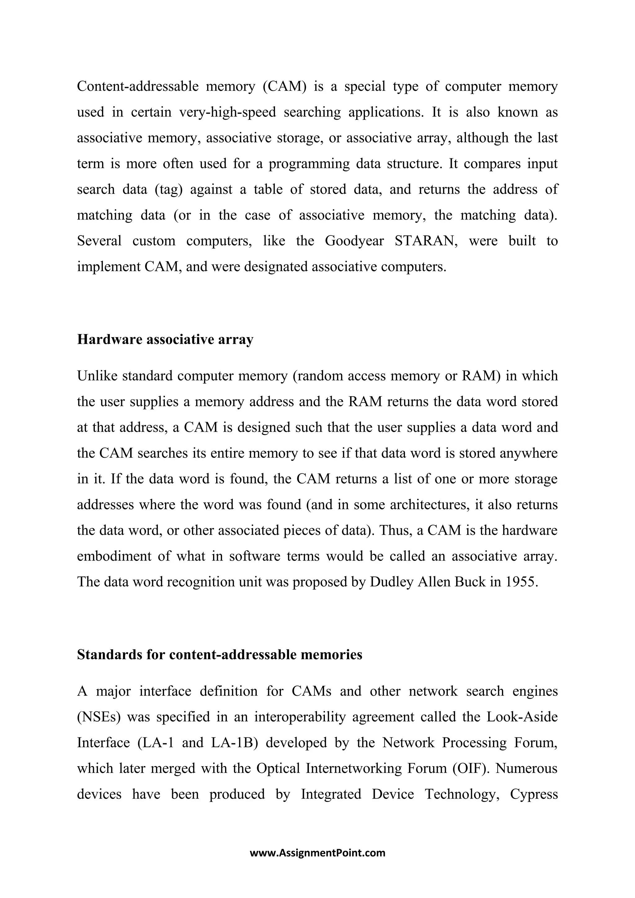 Content Addressable Memory Doc Computer Networking Computing