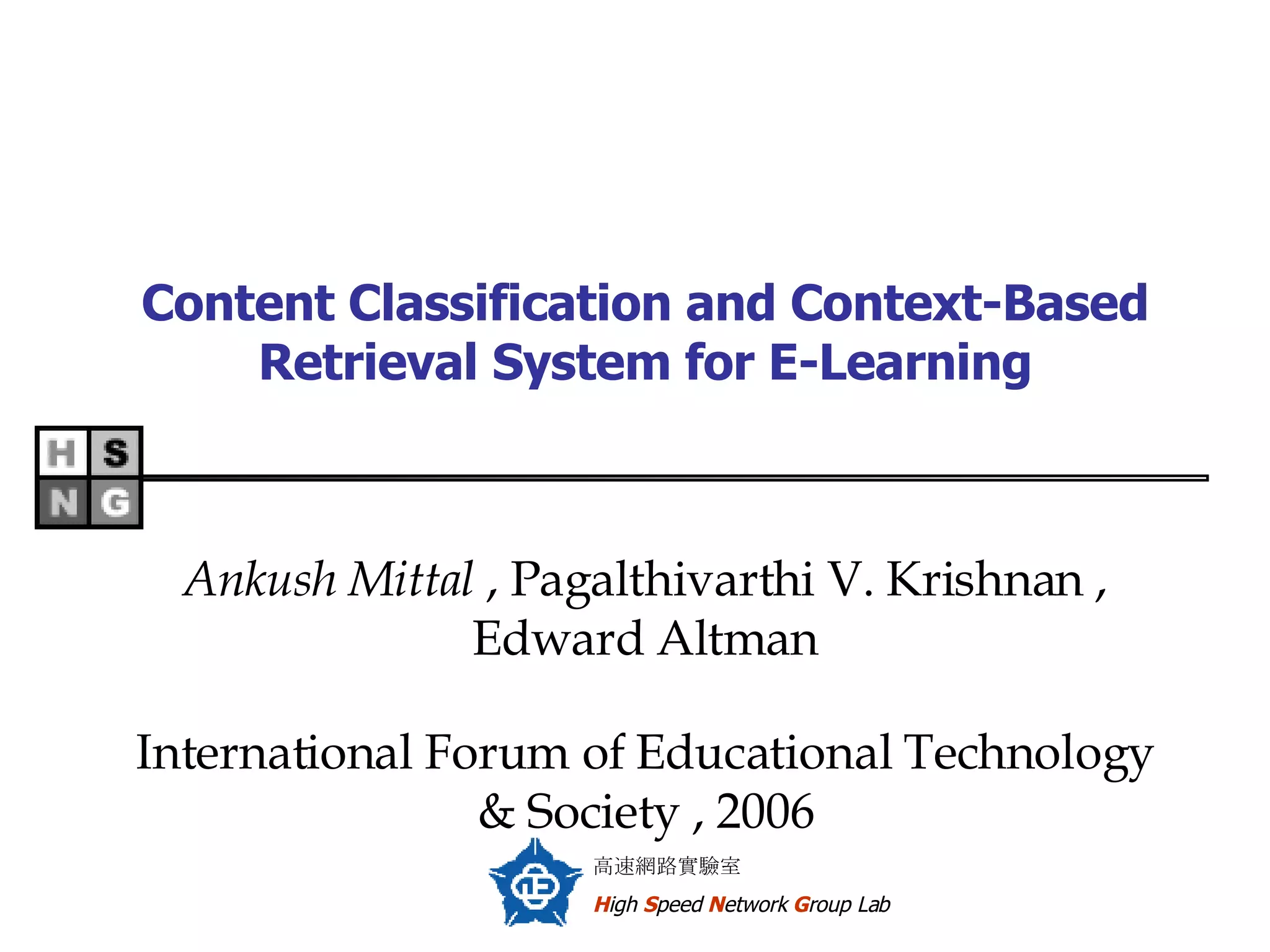 Content Classification And Context Based Retrieval System For E Learning Ppt
