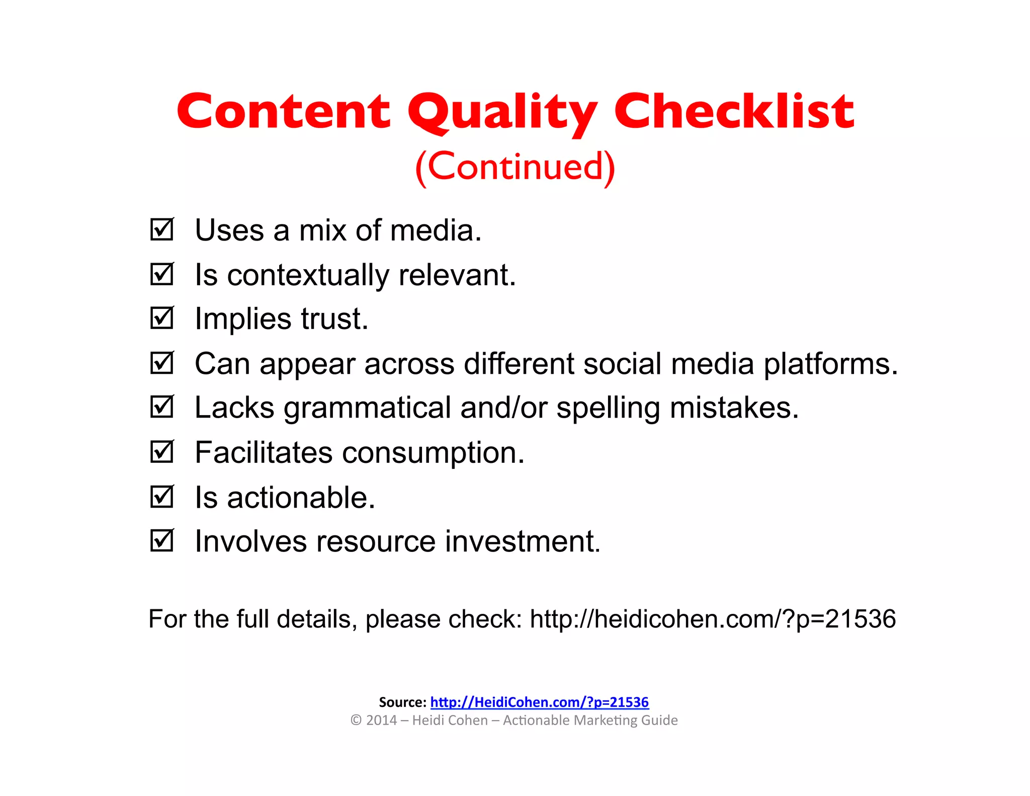 Content Quality Checklist By Heidi Cohen of Actionable Marketing Guide ...
