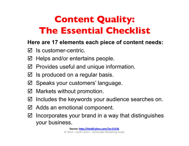 Content Quality Checklist By Heidi Cohen of Actionable Marketing Guide | PDF