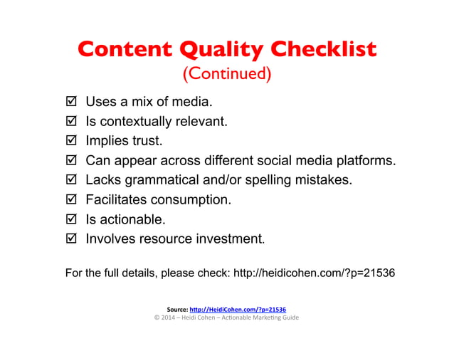 Content Quality Checklist By Heidi Cohen of Actionable Marketing Guide ...