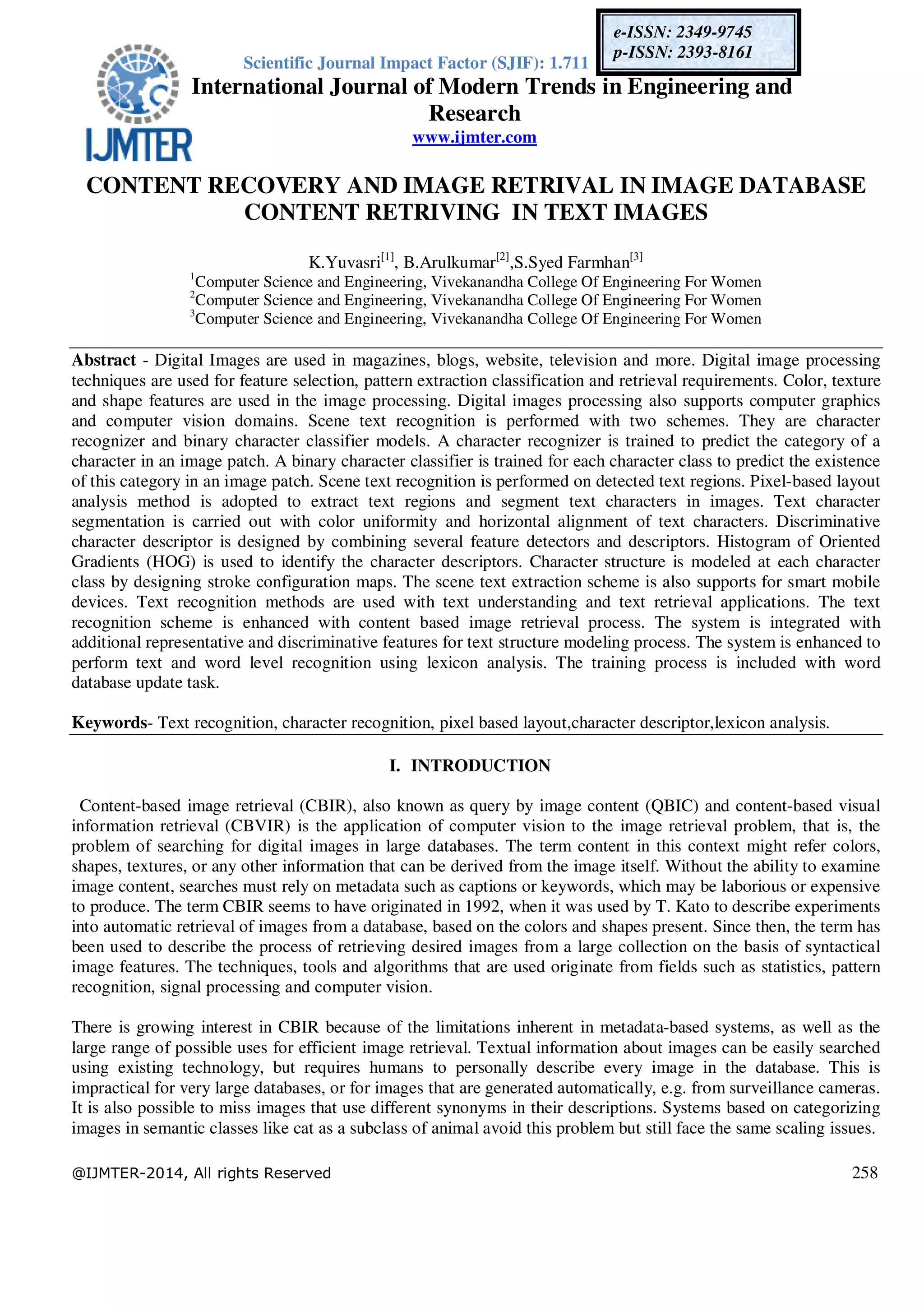 CONTENT RECOVERY AND IMAGE RETRIVAL IN IMAGE DATABASE CONTENT RETRIVING IN TEXT IMAGES | PDF