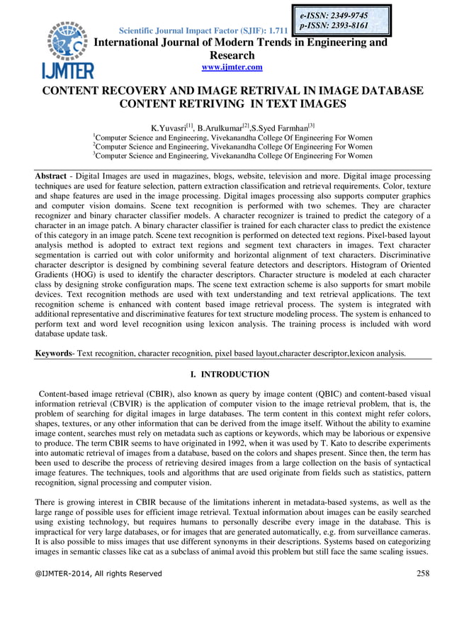 CONTENT RECOVERY AND IMAGE RETRIVAL IN IMAGE DATABASE CONTENT RETRIVING ...