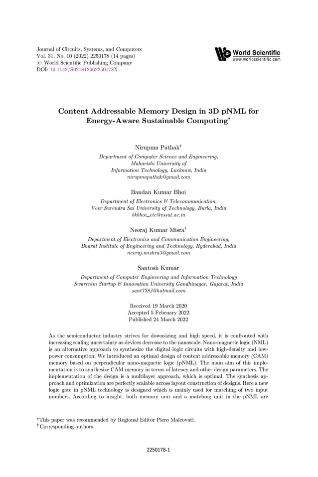 Content Addressable Memory Design in 3D pNML for Energy-Aware Sustainable Computing | PDF