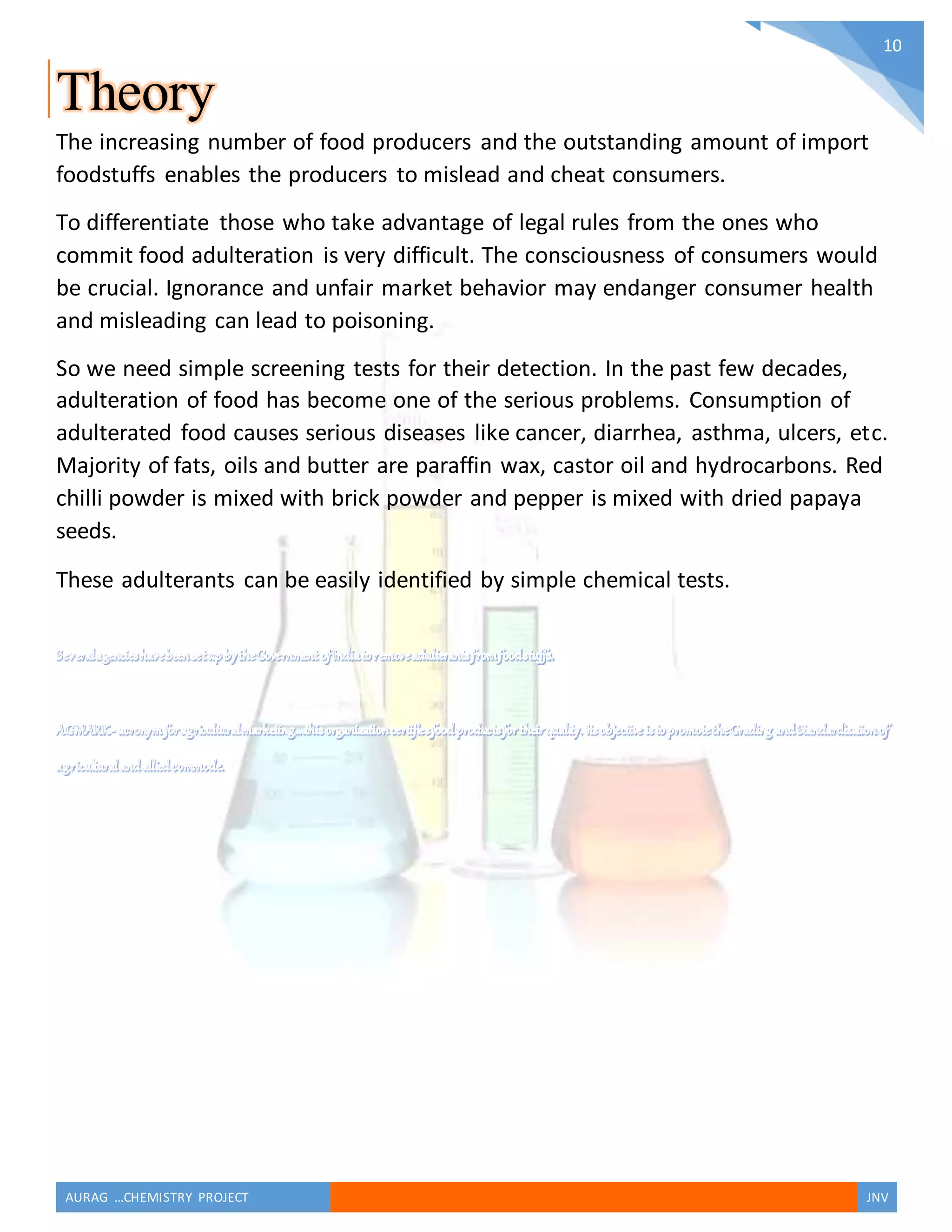chemistry investigatory project on adulterants in food | DOCX