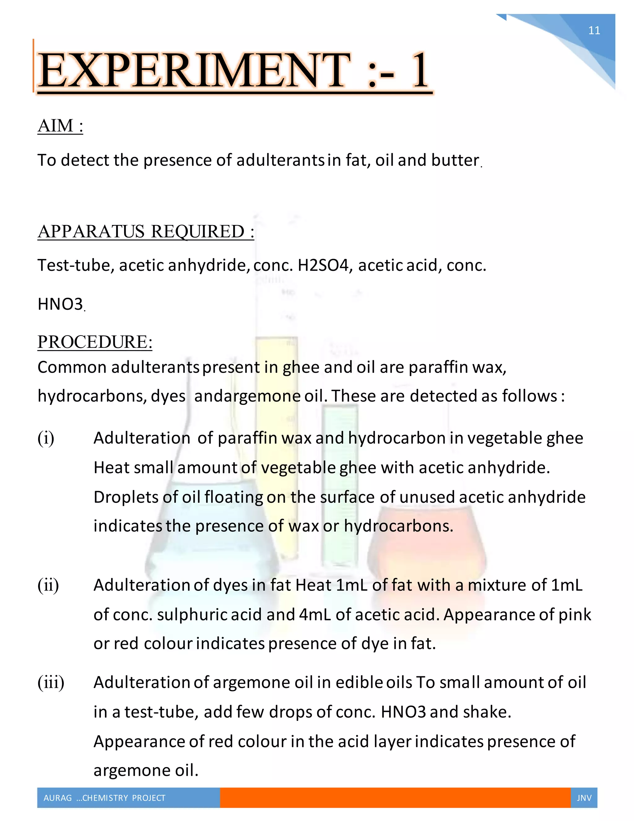 chemistry investigatory project on adulterants in food | DOCX