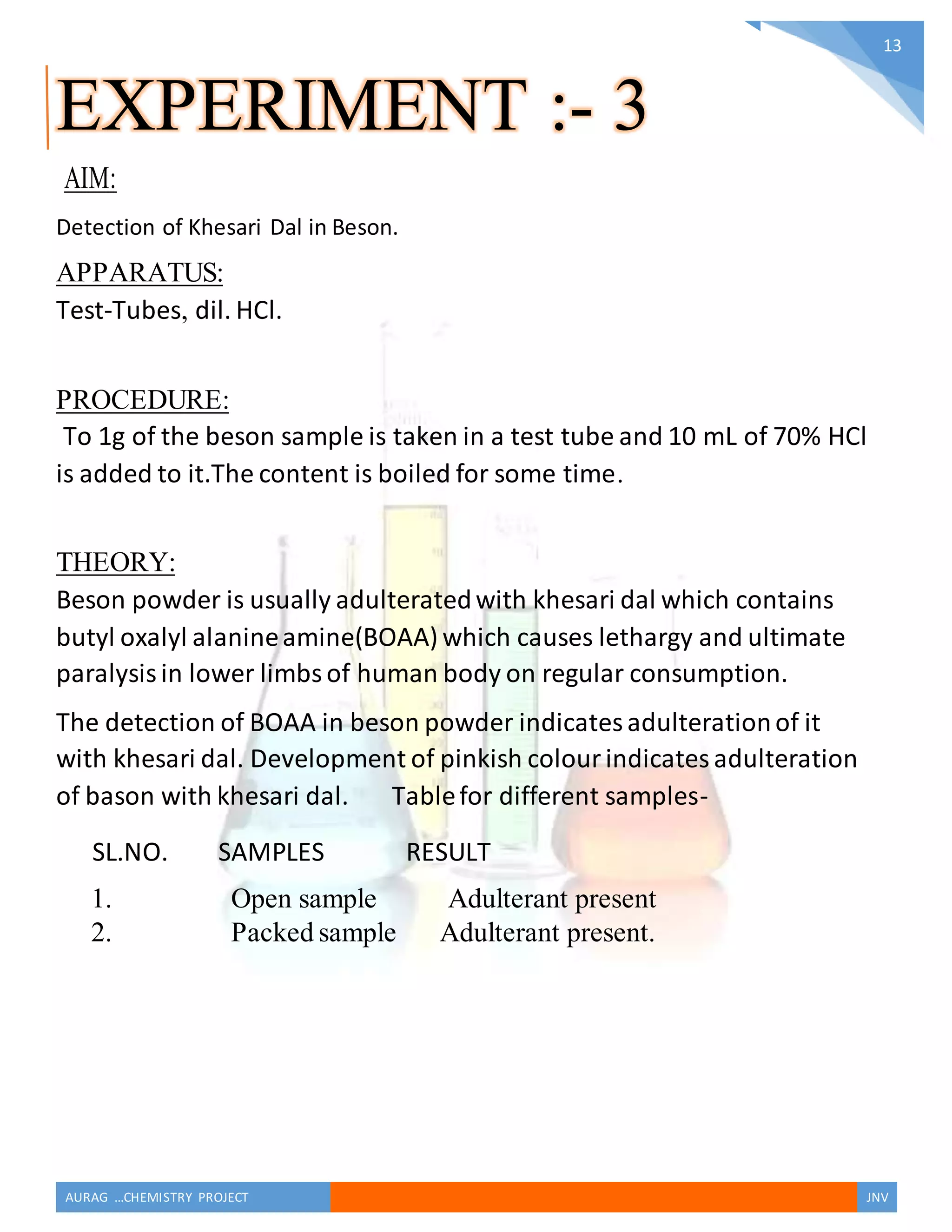 chemistry investigatory project on adulterants in food | DOCX