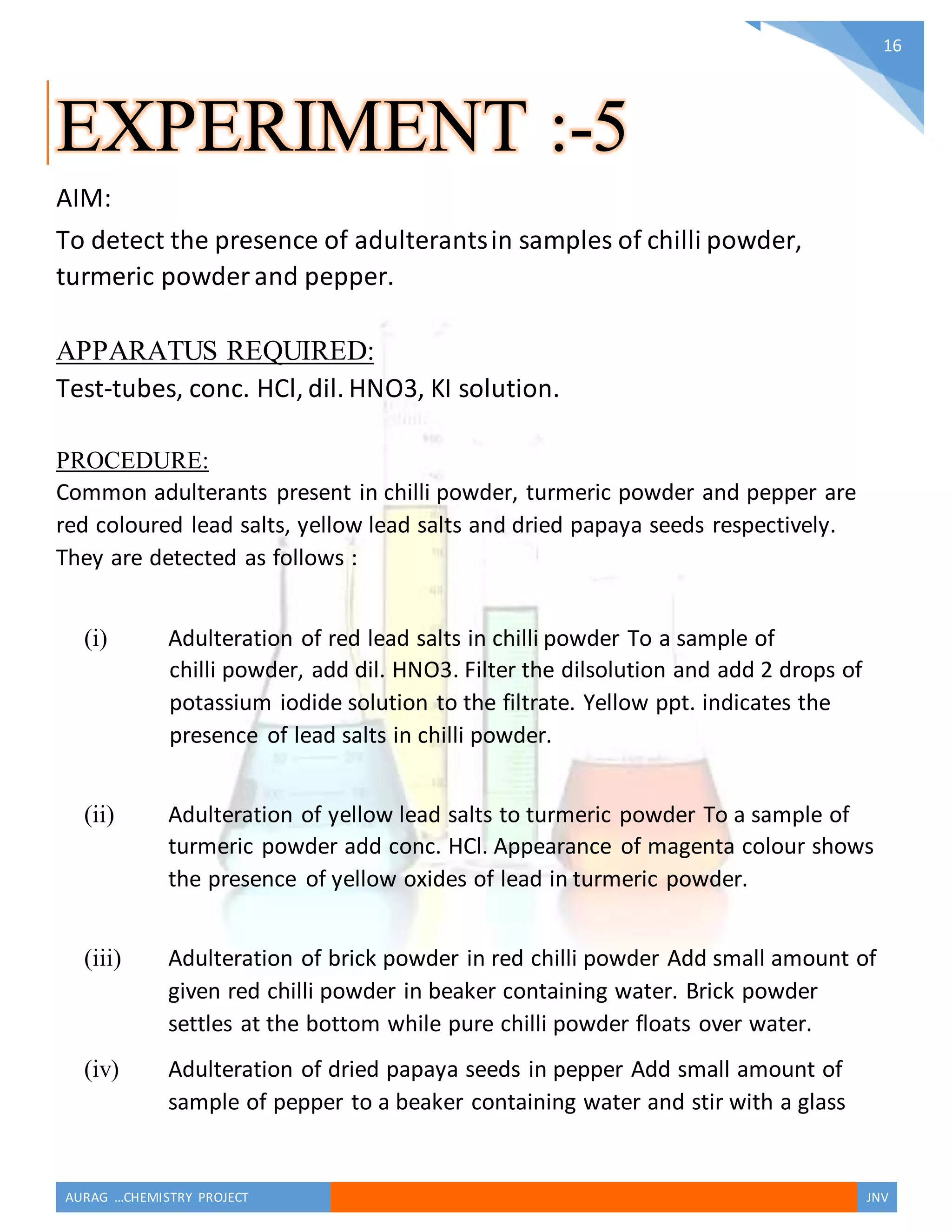 chemistry investigatory project on adulterants in food | DOCX