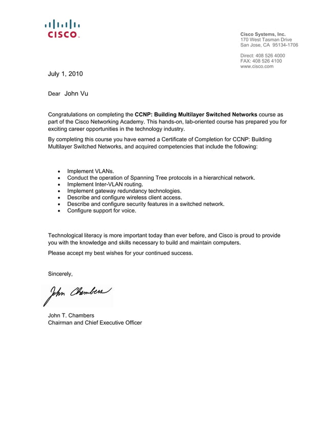 Cisco Certificate of Completion - BCMSN | PDF